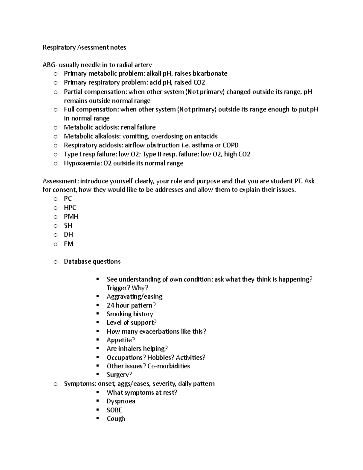 Respiratory Asessment notes - asthma or COPD o Type I resp failure: low ...
