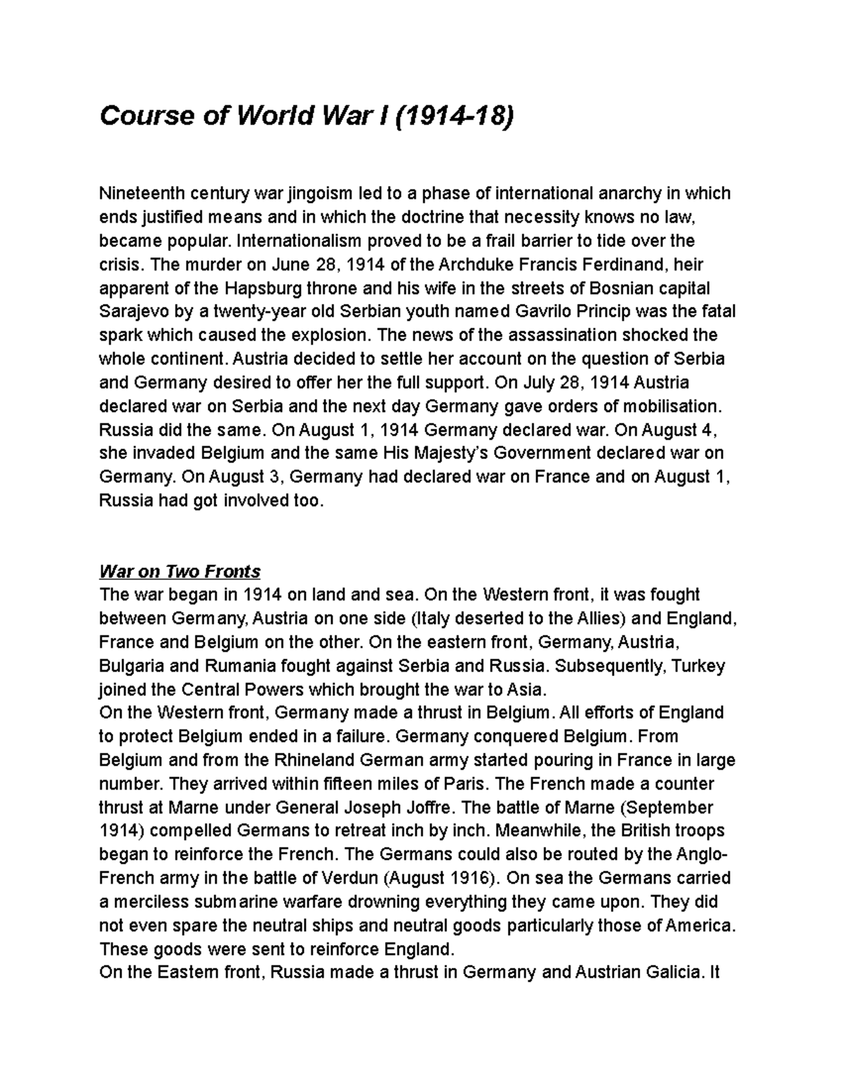 Course of World War I (1914-18) - Course of World War I (1914-18 ...