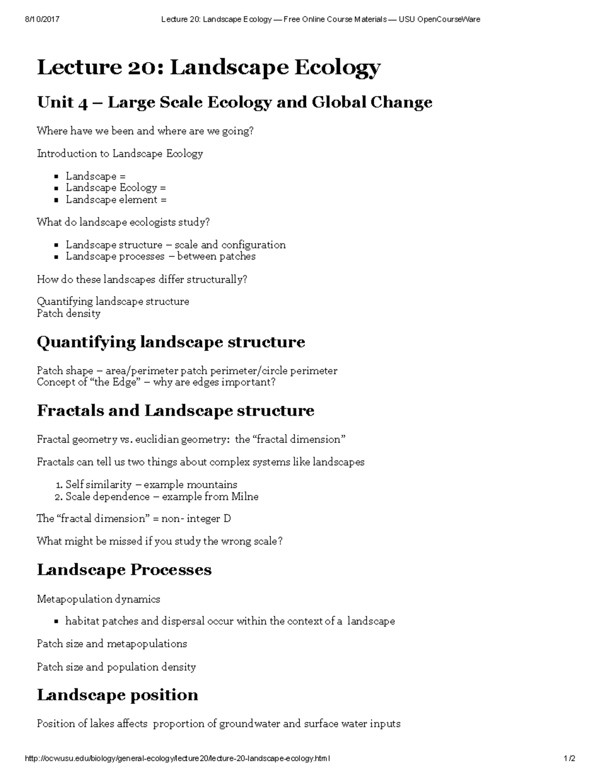 Lecture 20 landscape ecology - 8/10/2017 Lecture 20: Landscape Ecology ...