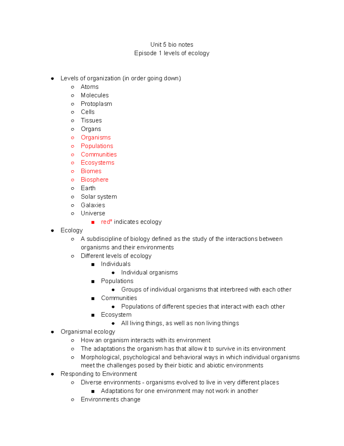 Unit 5 bio notes - Unit 5 bio notes Episode 1 levels of ecology Levels ...