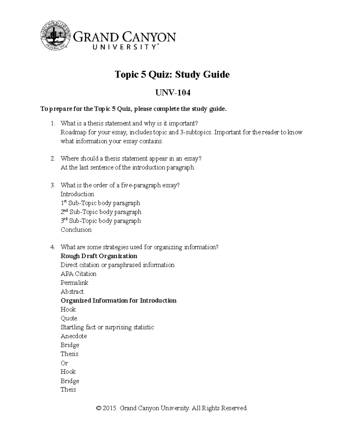 Week 5 - Study Guide - Topic 5 Quiz: Study Guide UNV- To prepare for the Topic 5 Quiz, please ...