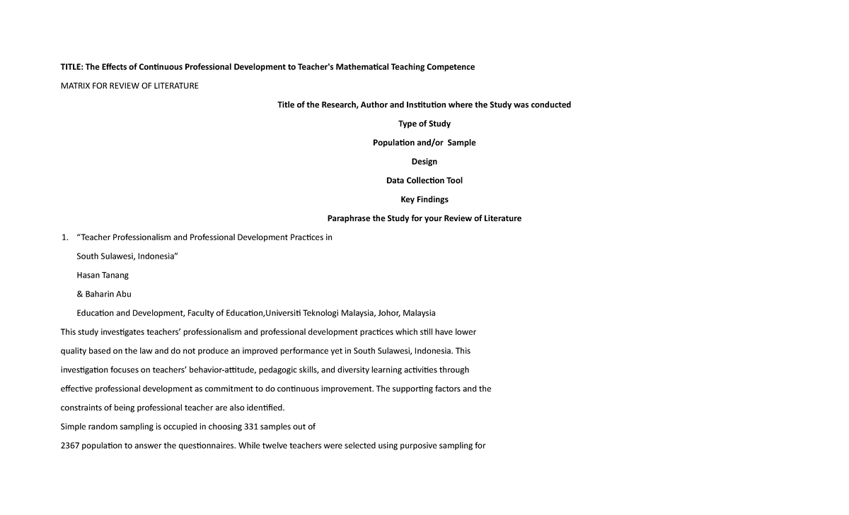 Sample Matrix RL - ... - TITLE: The Effects of Continuous Professional ...