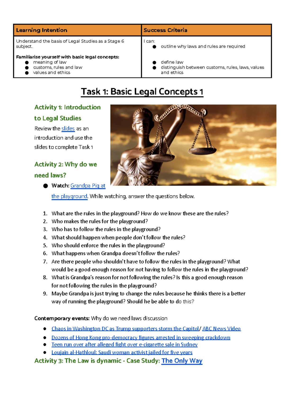 Task 1 - Basic Legal Concepts 1 - Learning Intention Success Criteria ...