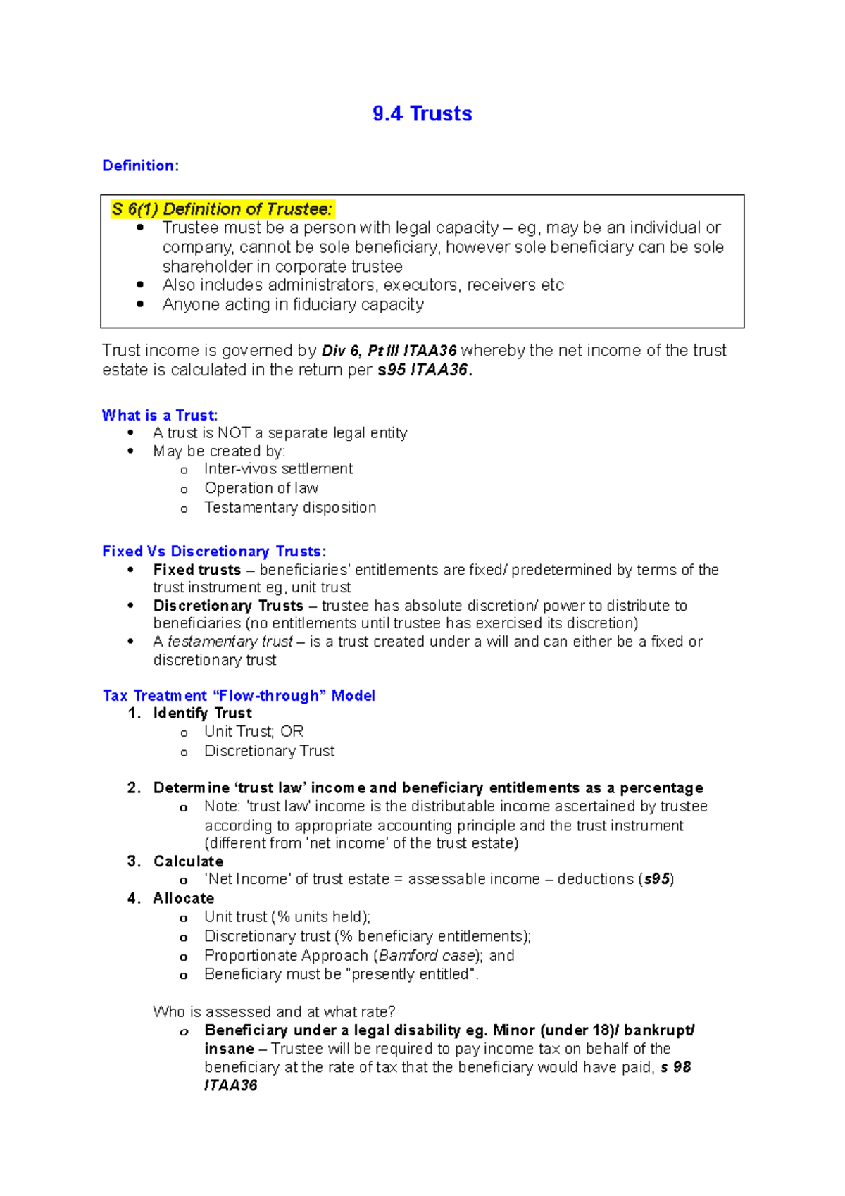 Trusts - Exam Notes - 9 Trusts Definition: Trust income is governed by ...