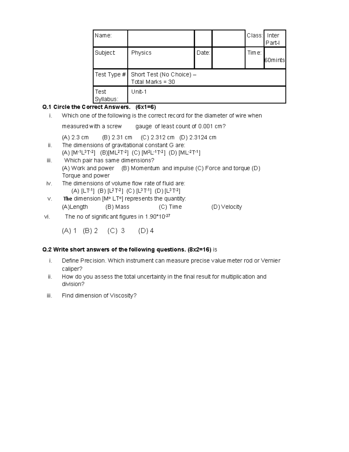 Physics 11 - These are sample tests for FSc class - Name: Class: Inter ...