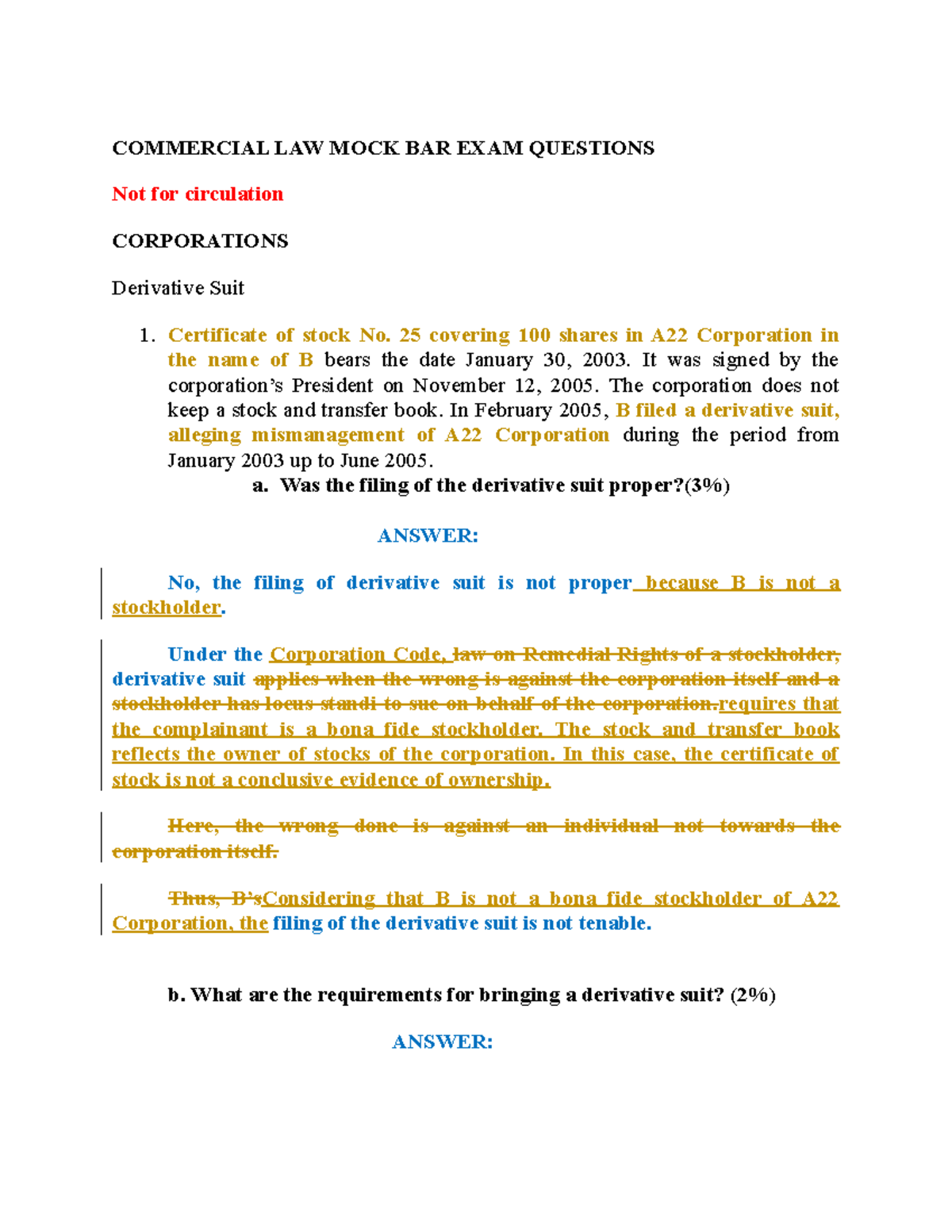 Answer to Sample Bar Exam Questions (Commercial Law) - COMMERCIAL LAW ...