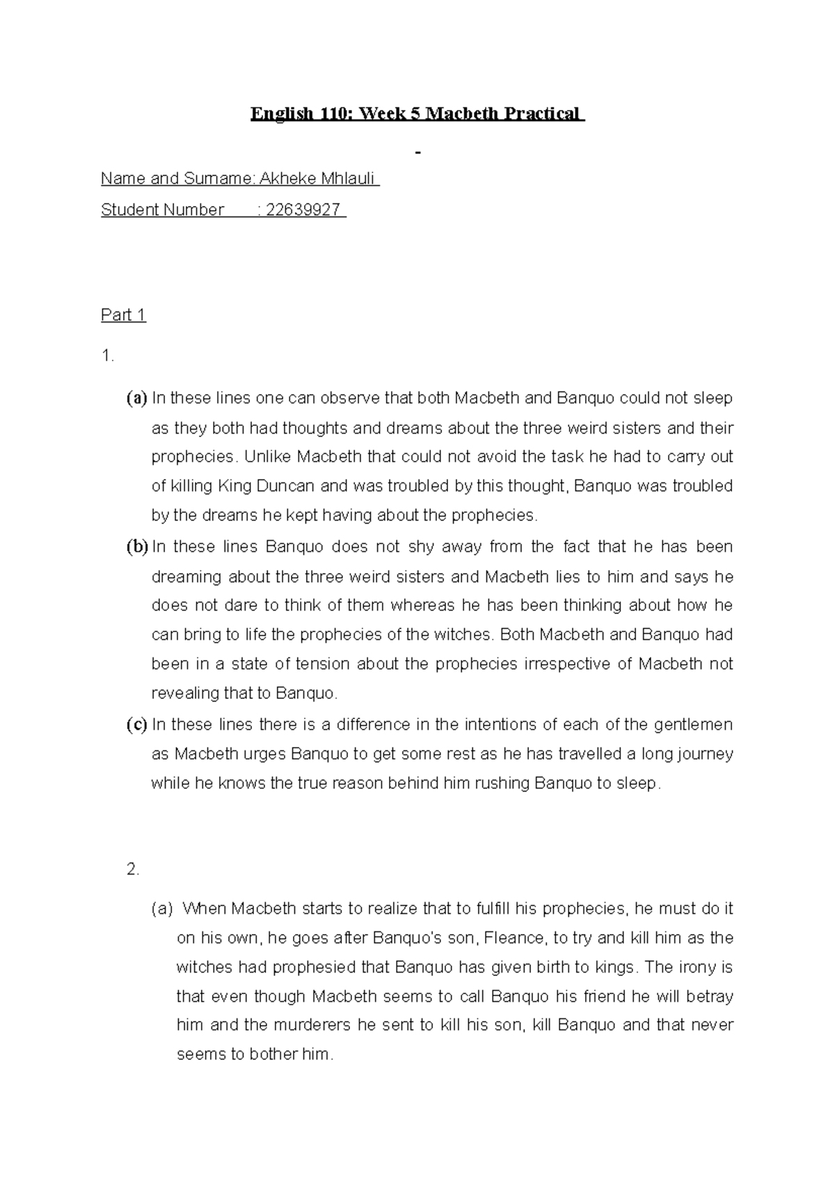 Week 5 Macbeth - English 110 first semester - English 110: Week 5 ...