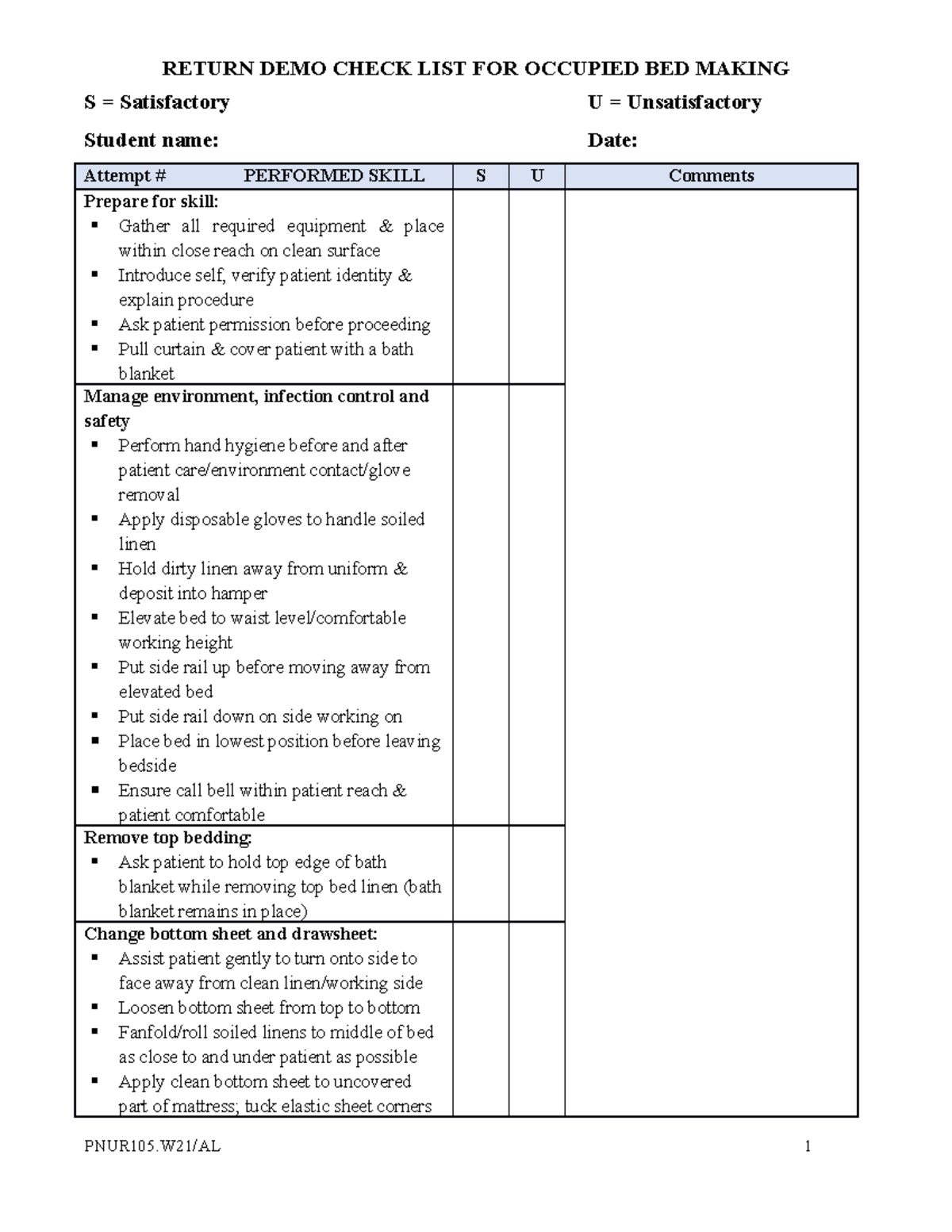 Occupied.Bedmaking.Checklist.W21 Option 2 - RETURN DEMO CHECK LIST FOR ...