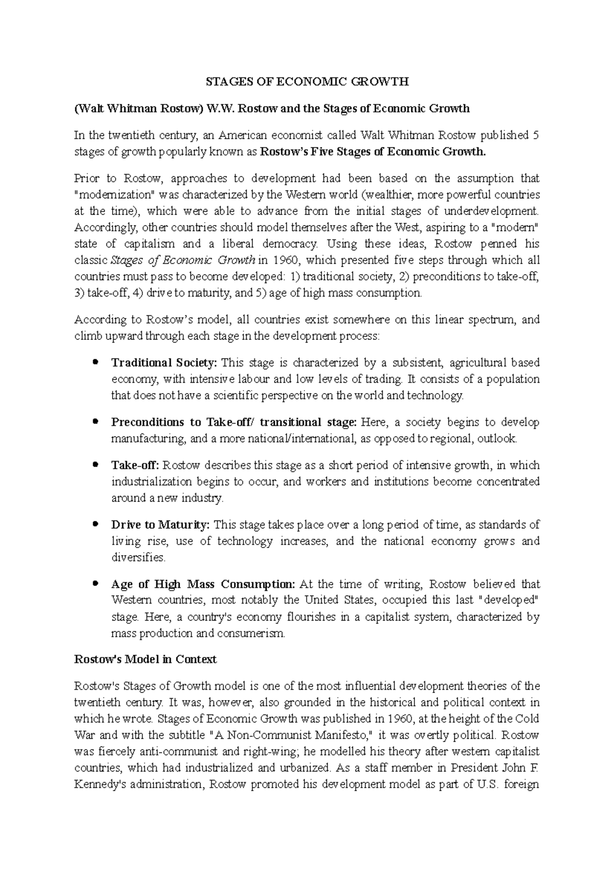 Stages OF Economic Growth - STAGES OF ECONOMIC GROWTH (Walt Whitman ...