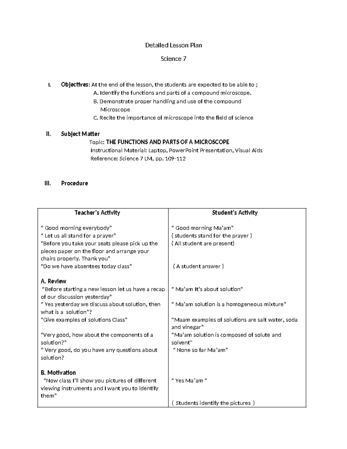 Revised LP - Lesson Plan - Detailed Lesson Plan Science 7 I. Objectives ...