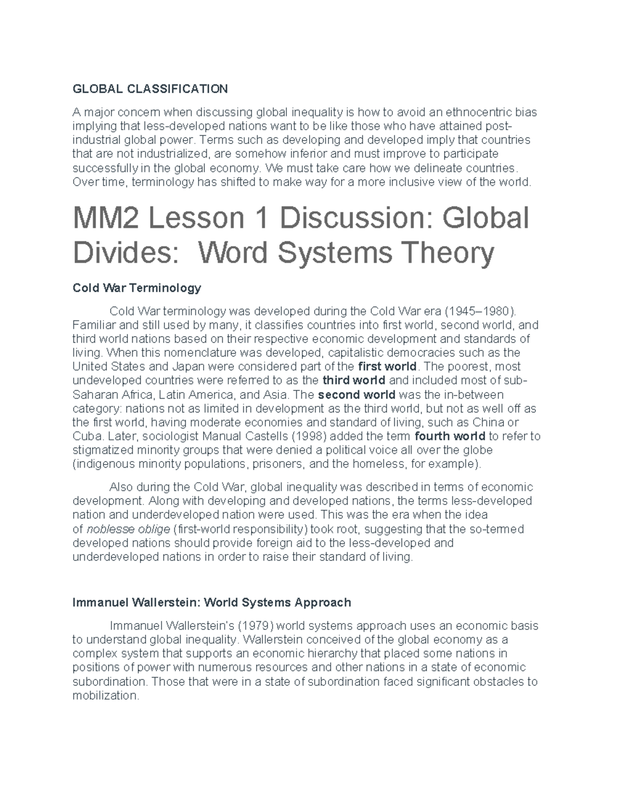 Global Classification conworld - GLOBAL CLASSIFICATION A major concern ...