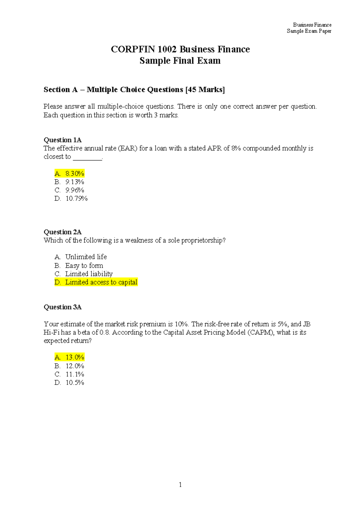 Business Finance - Sample Final Exam s1 2021 with Solutions - Sample ...