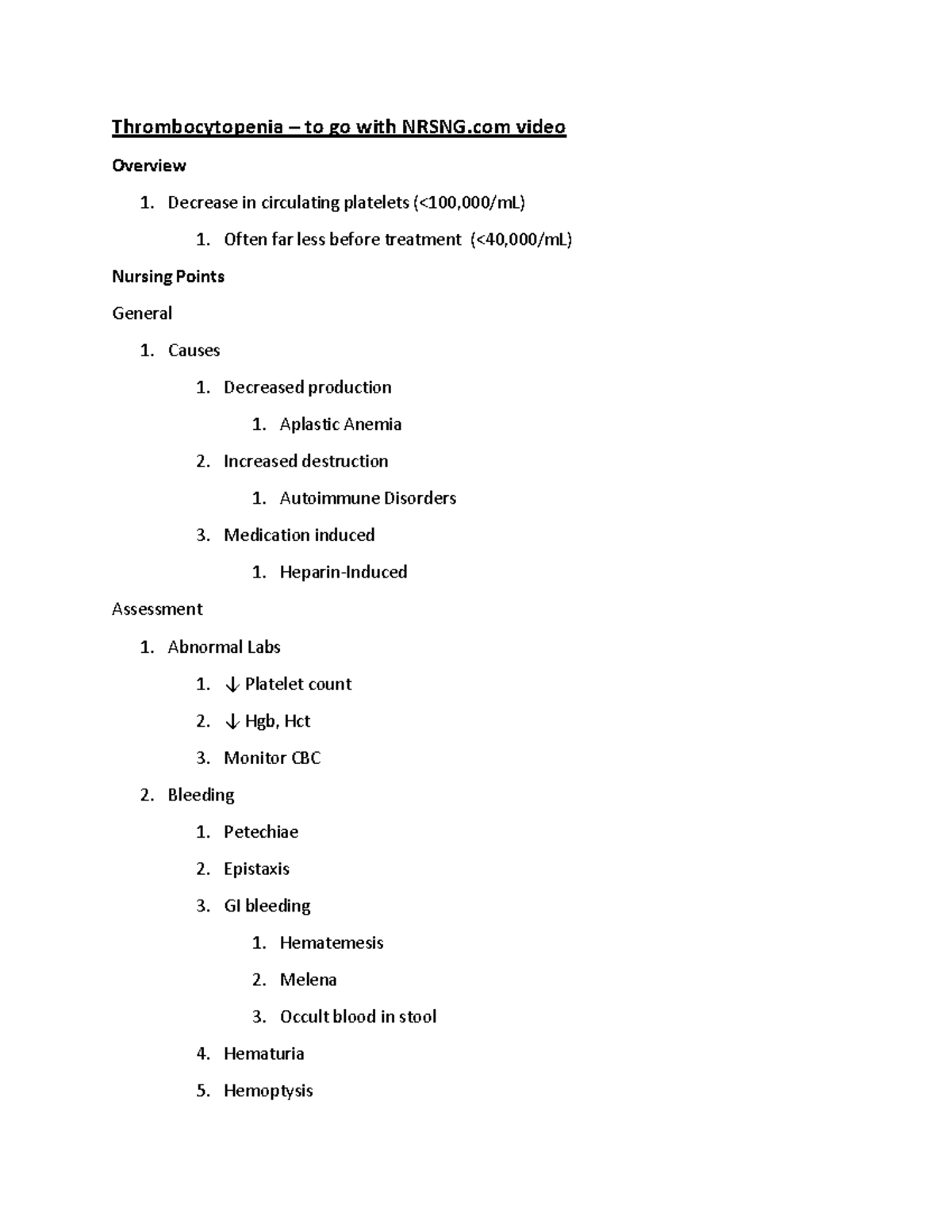 Thrombocytopenia Outline - Thrombocytopenia – to go with NRSNG video ...