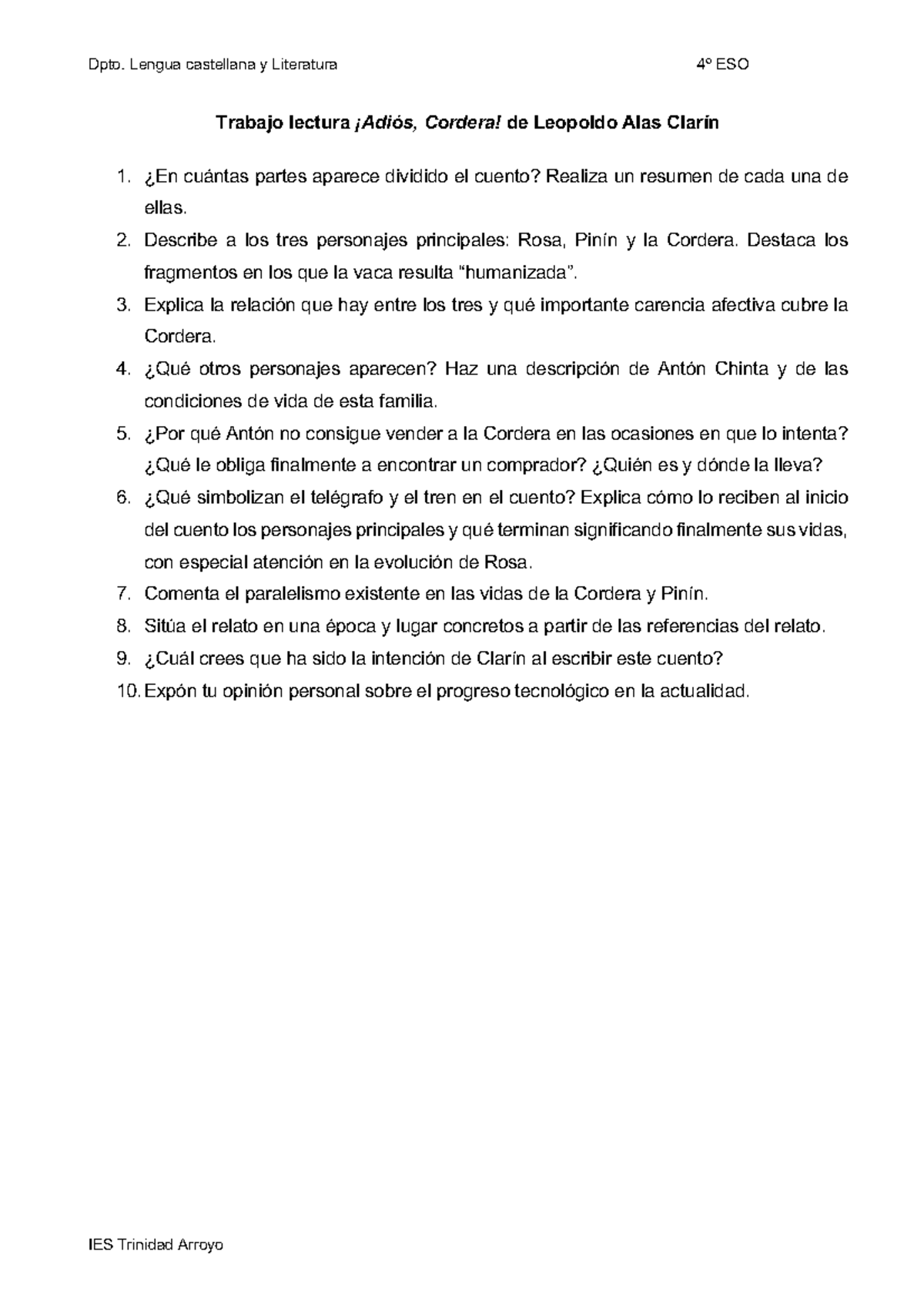Trabajo lectura ¡Adiós, Cordera de Leopoldo Alas Clarín 1 - Dpto ...