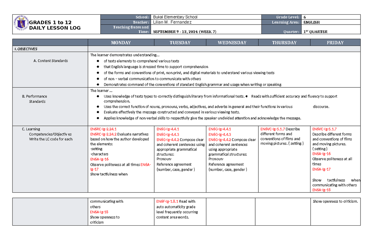 DLL English 6 Q1 W7 - GRADES 1 to 12 DAILY LESSON LOG School: Bukal Elementary School Grade ...