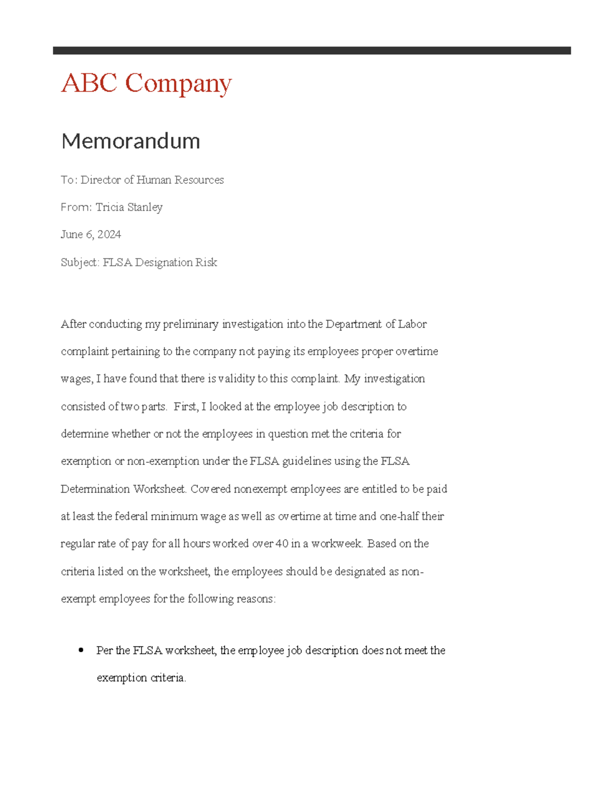 HRM 225 Milestone One - FLSA Designation Risk Memo - ABC Company ...
