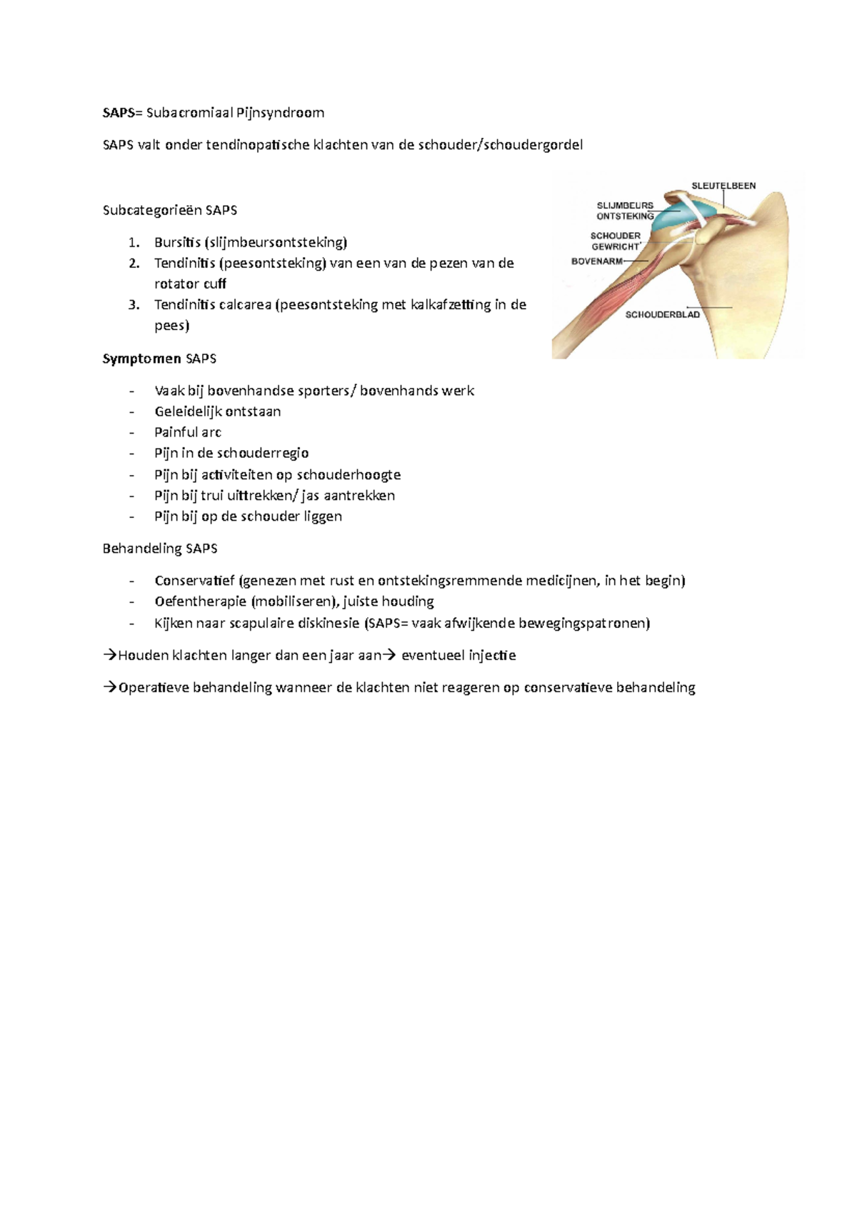 Schouderpathologie - hhh - SAPS= Subacromiaal Pijnsyndroom SAPS valt ...