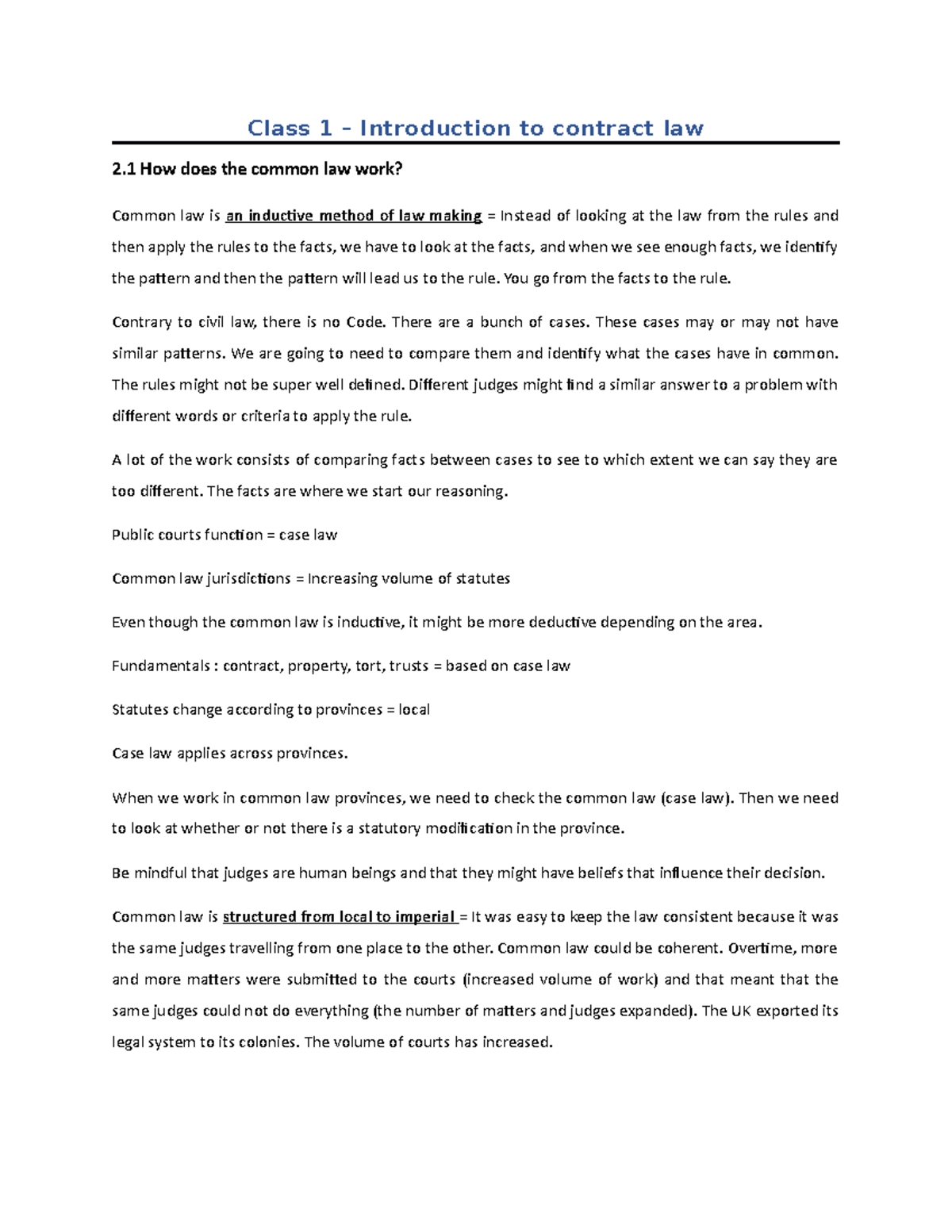 Notes - Class 1 to 13 (Contract law) - Class 1 – Introduction to ...