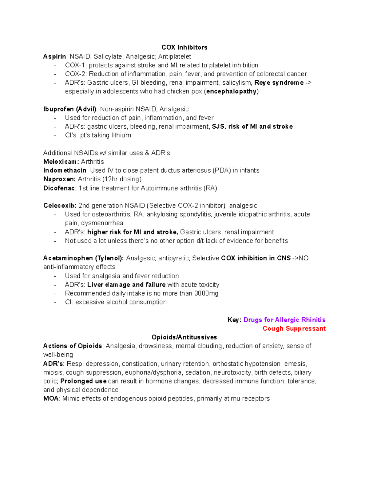 Pharm Exam 5 - Summary of medications and their MOA. - COX Inhibitors ...