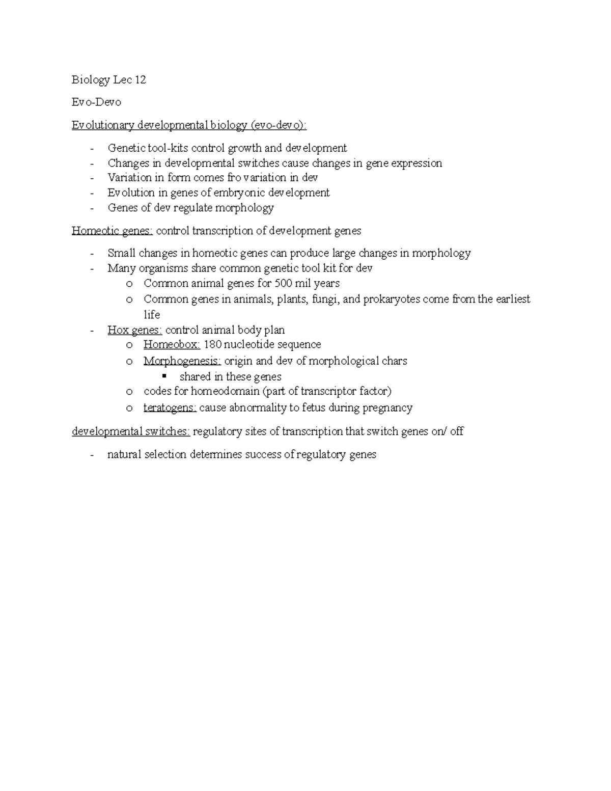 Biology Lec 12 - Lecture notes 12 - Biology Lec 12 Evo-Devo ...