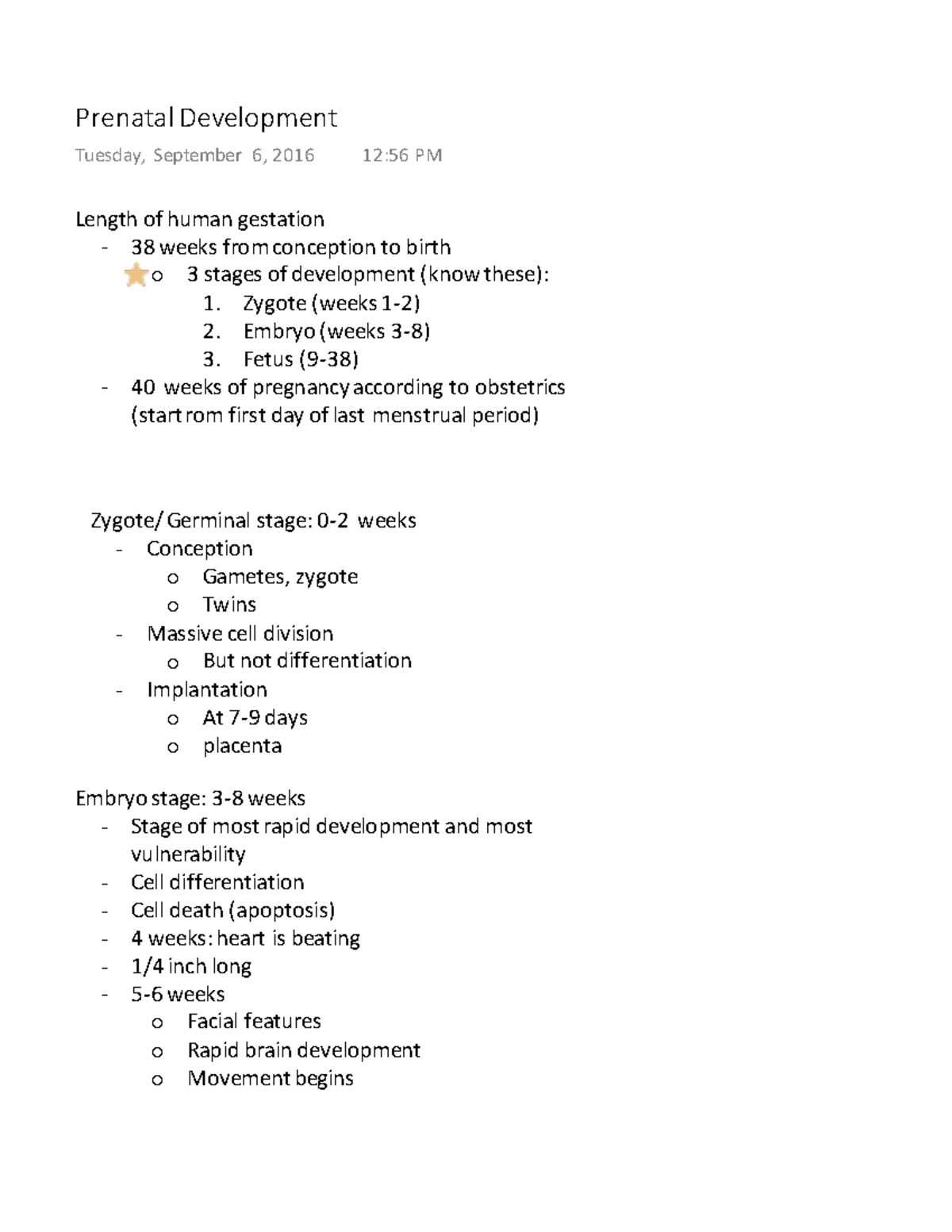 Prenatal Development - Jennifer Ganger Lecture notes - Prenatal ...