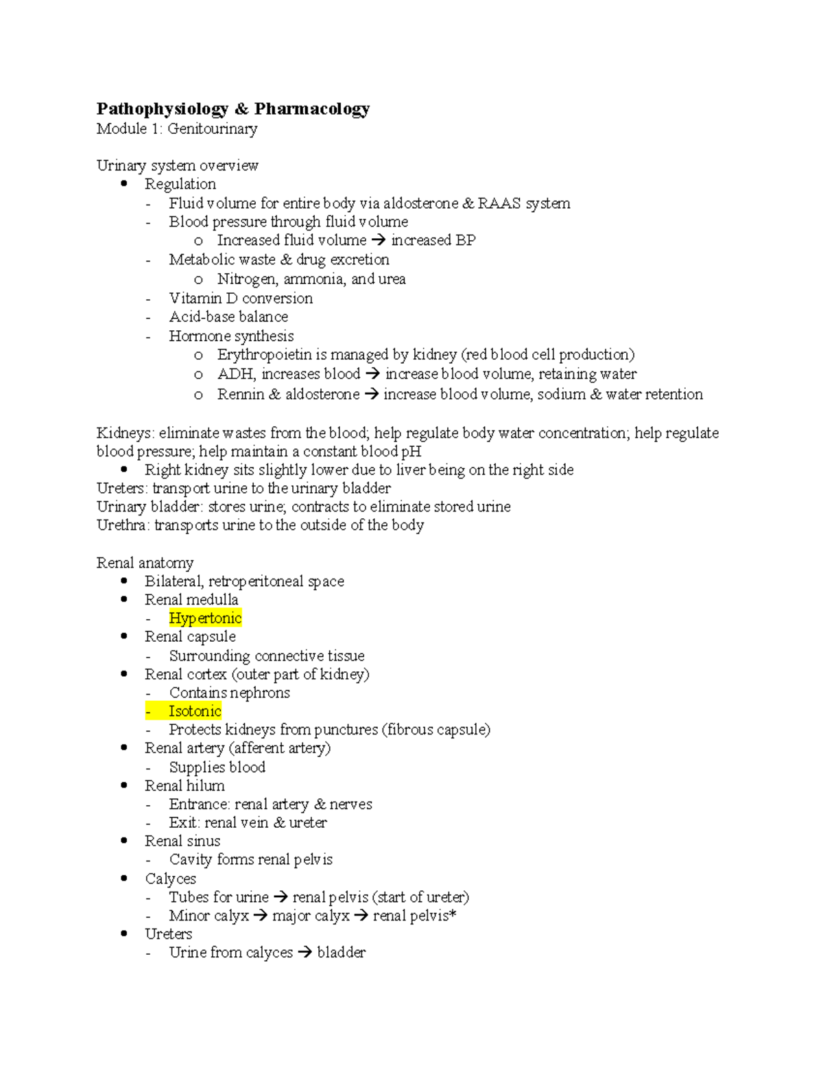 Module 1 - Patho:Pharm - lecture notes for quiz 1 - Pathophysiology ...