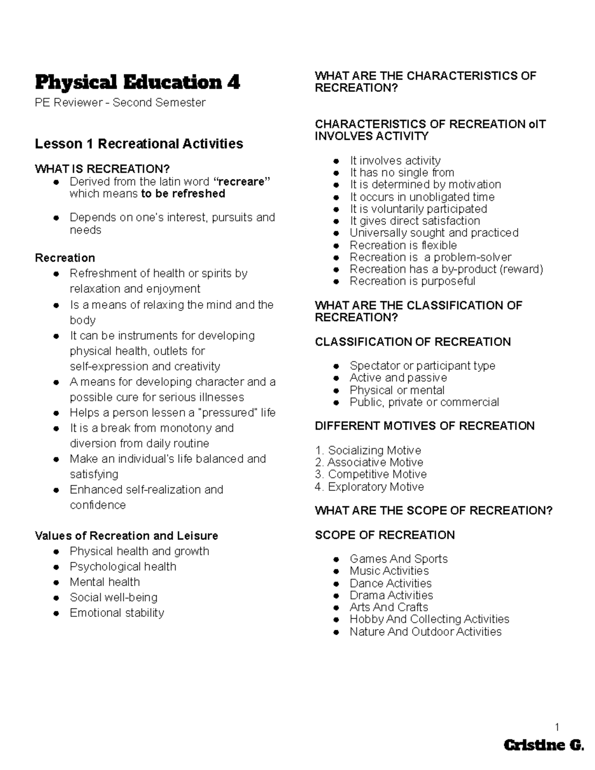 PE4 Reviewer Lecture Physical Education 4 PE Reviewer Second