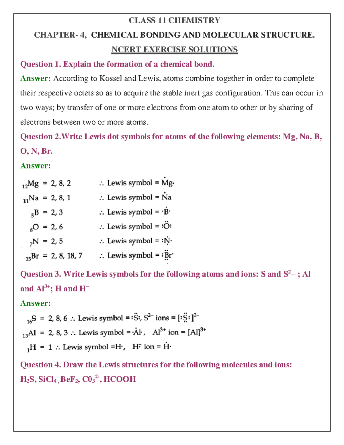 Class 11 chapter 4 exercise solutions - CLASS 11 CHEMISTRY CHAPTER- 4 ...
