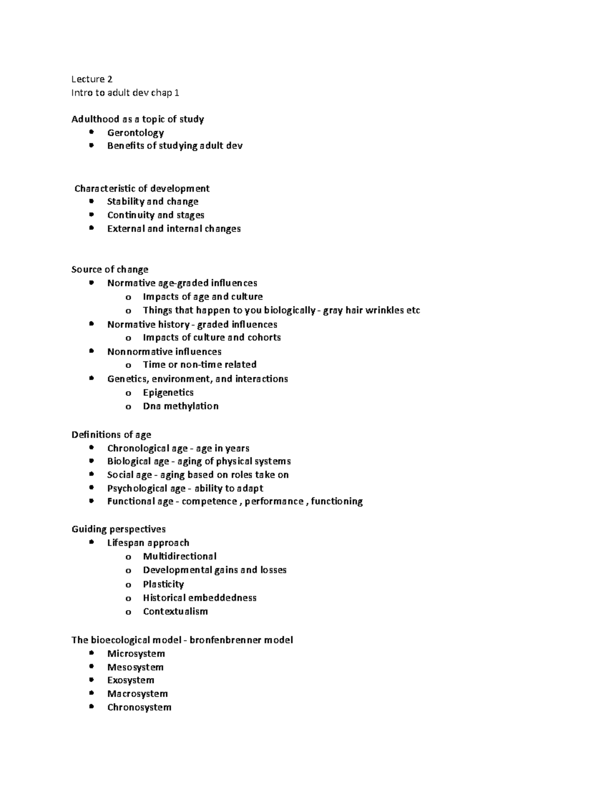 Class notes for Test 1 - Lecture 2 Intro to adult dev chap 1 Adulthood ...