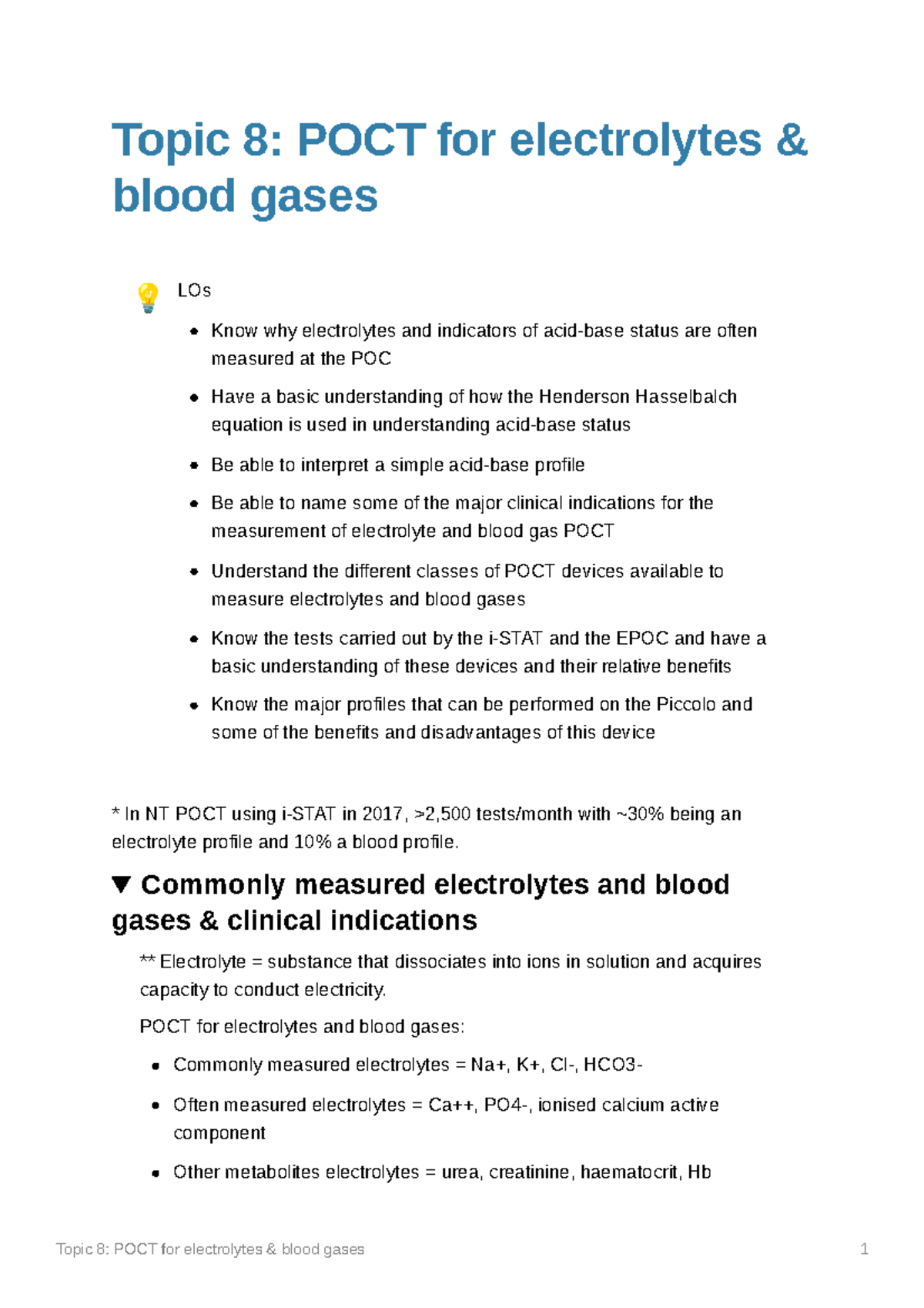 MDSC3100 POCT for electrolytes and blood gases - Topic 8: POCT for ...