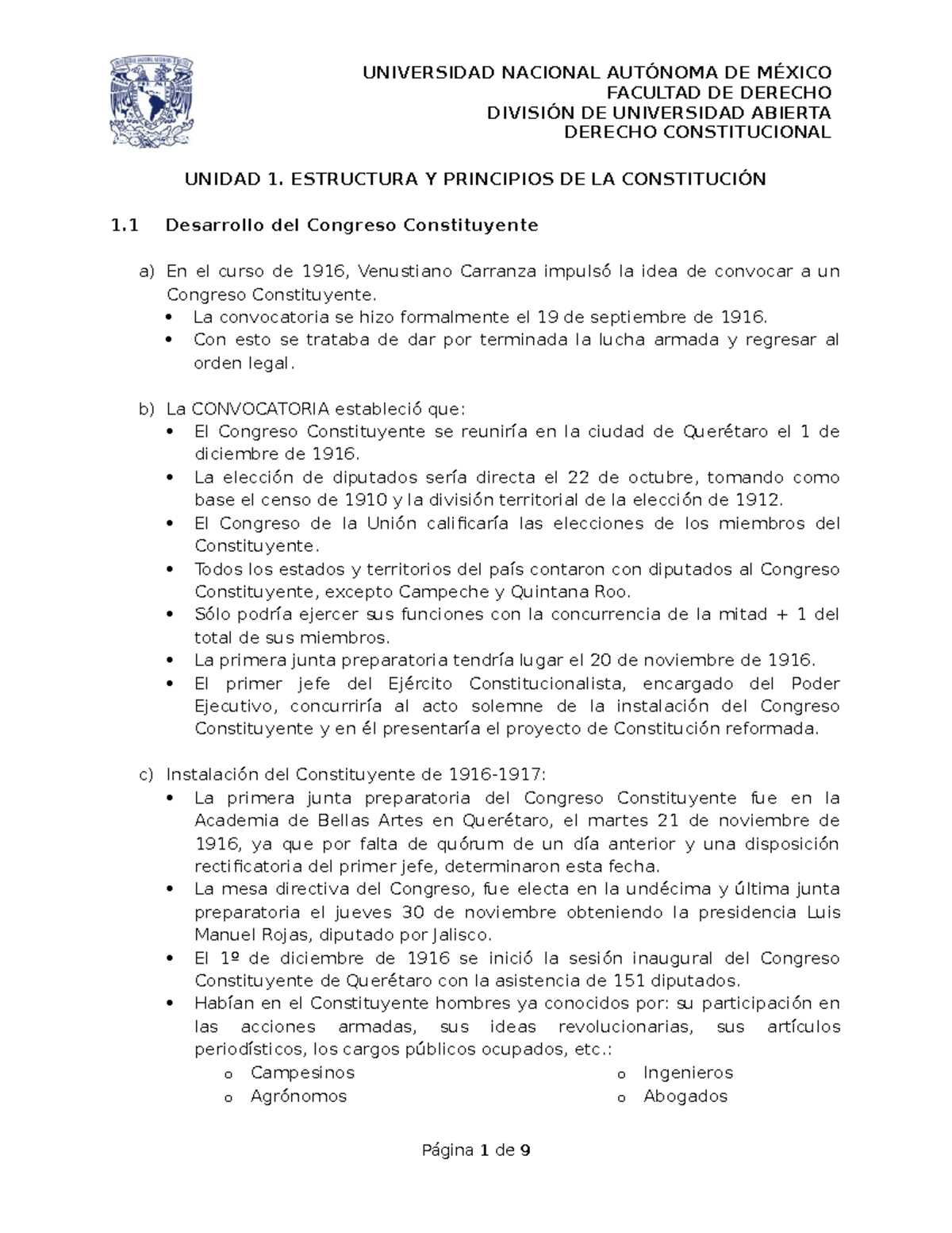 Unidad I. Estructura y principios de la Constitución - FACULTAD DE ...