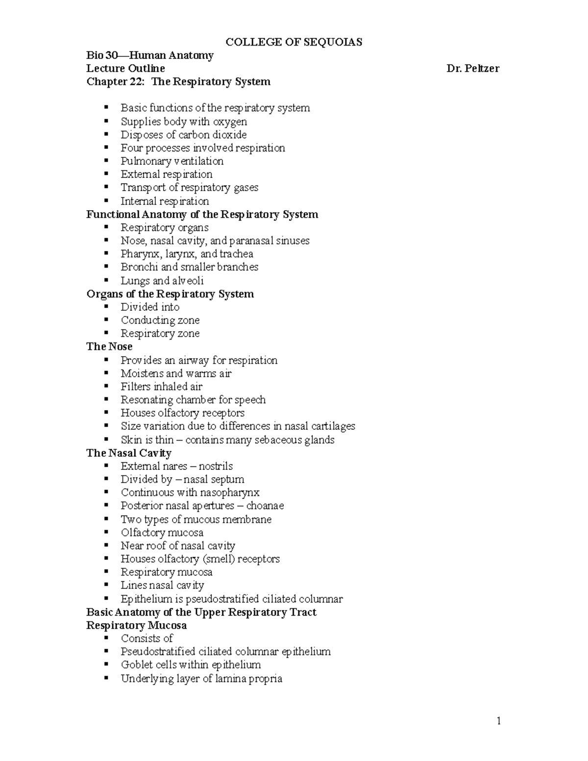 Ch. 22 Outline - The Respiratory System Dr. Peltzer - Bio 30—Human ...
