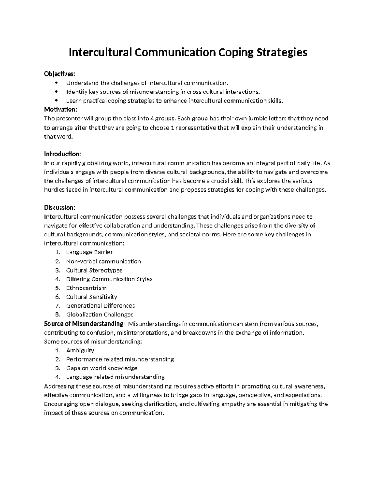 Group 6 Handout - Intercultural Communication Coping Strategies ...