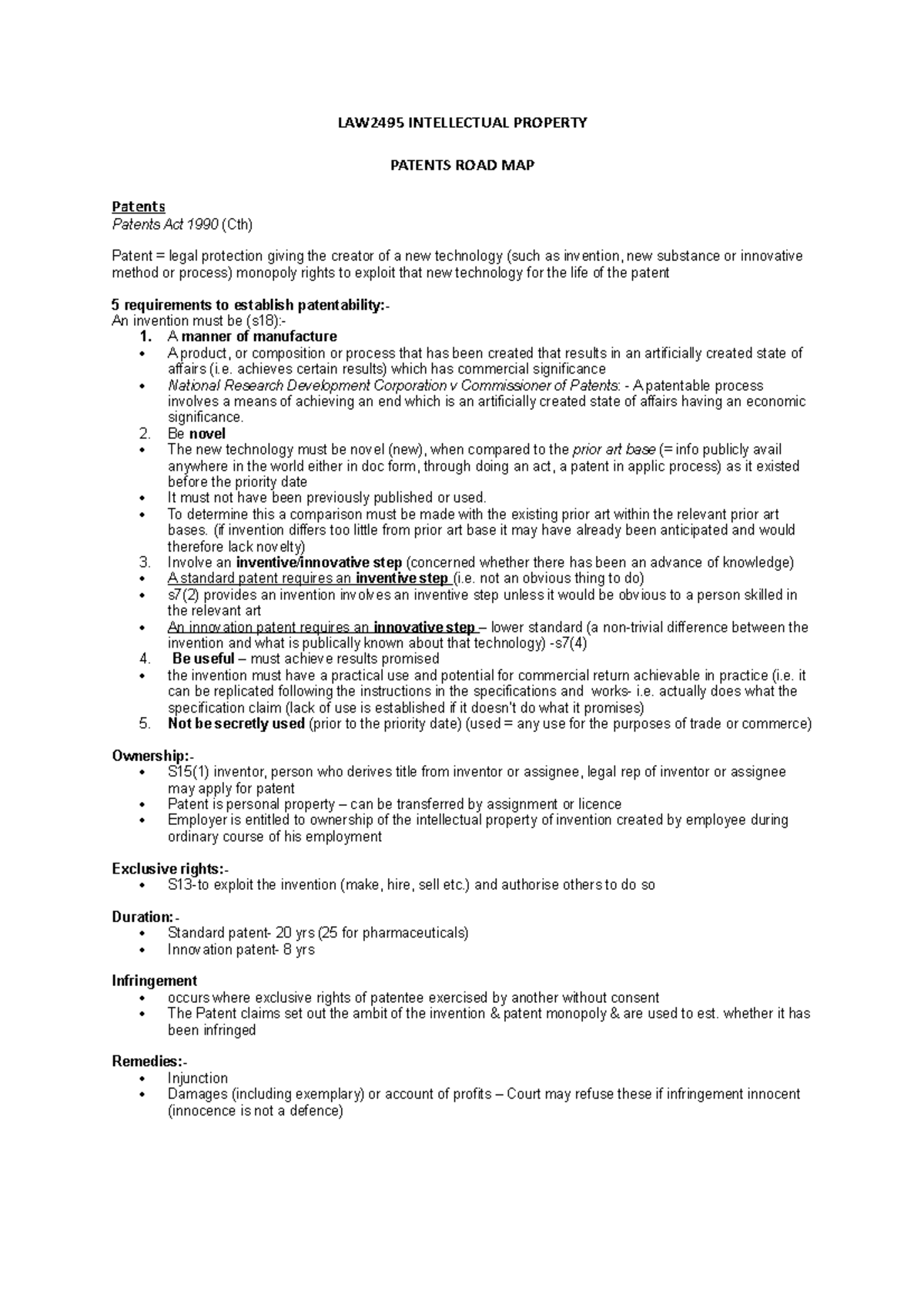 LAW2495 Intellectual Property Patents ROAD MAP - LAW2495 INTELLECTUAL ...