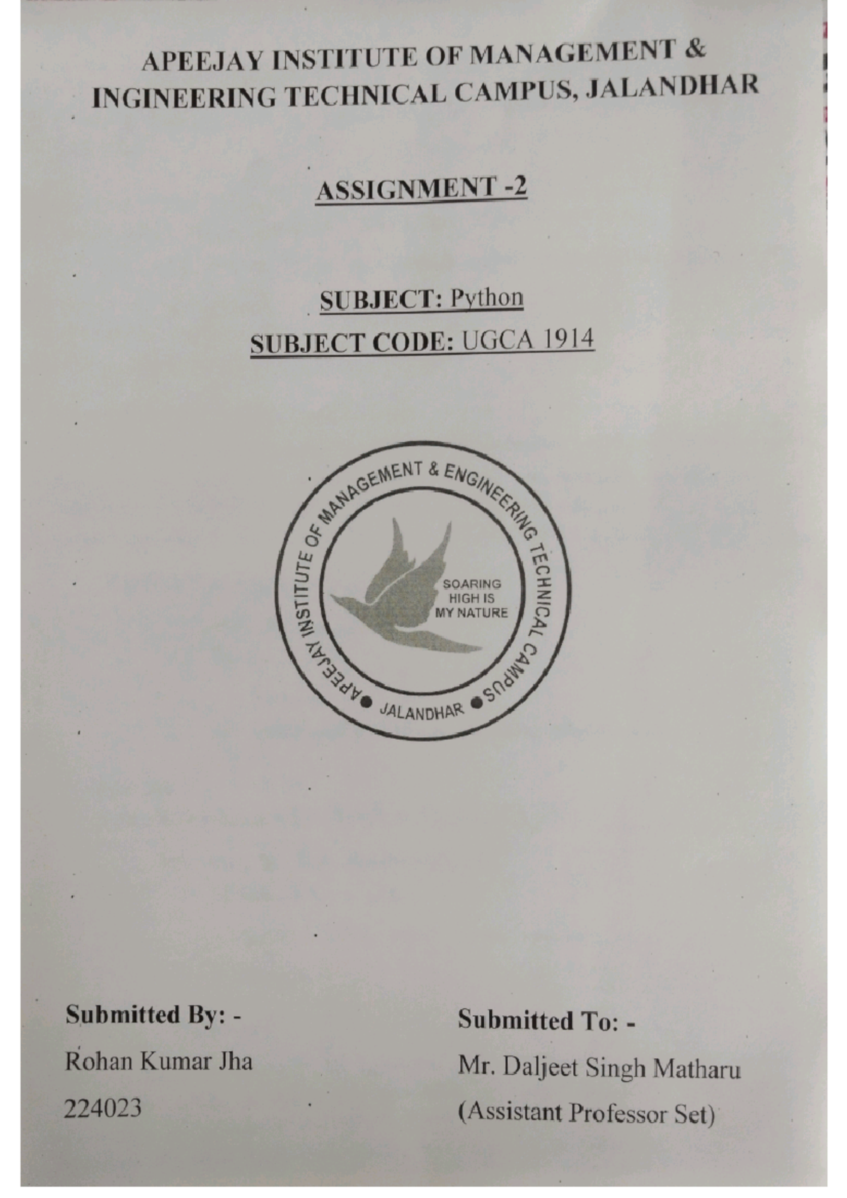 Python assignment 2 - Bachelor of Computer Applications - Studocu