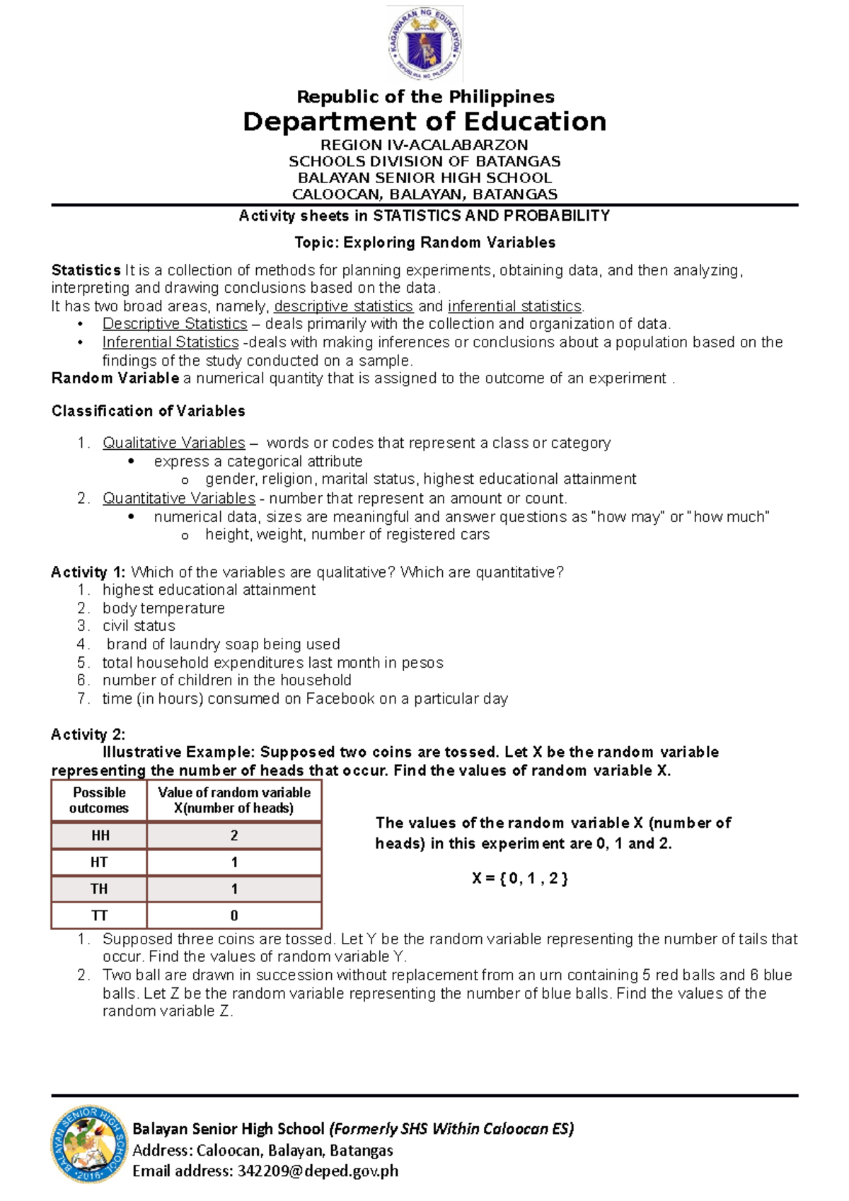 Activity sheets in Statistics AND Probability - Department of Education ...