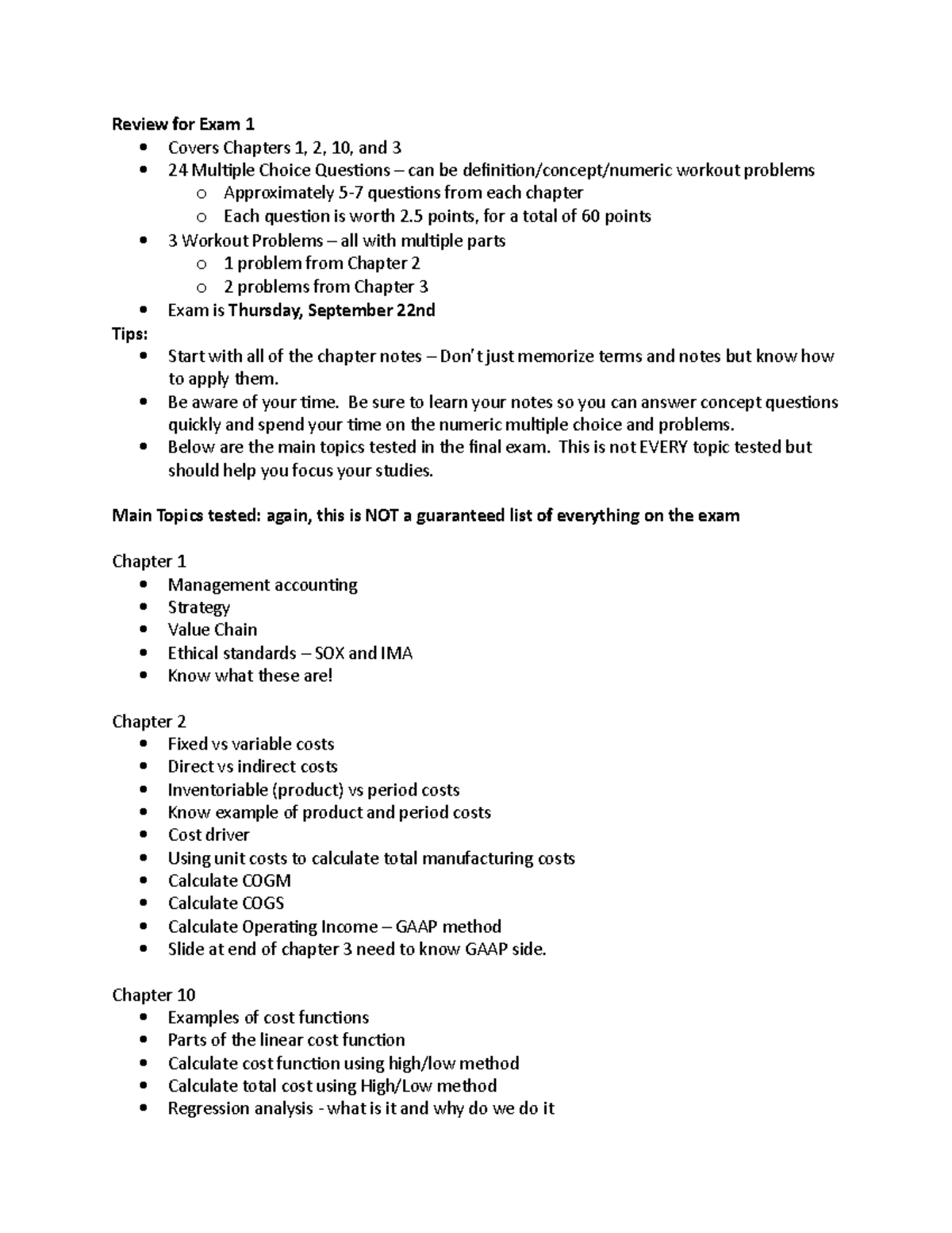 Exam 1 Review - Notes - Review for Exam 1 Covers Chapters 1, 2, 10, and ...