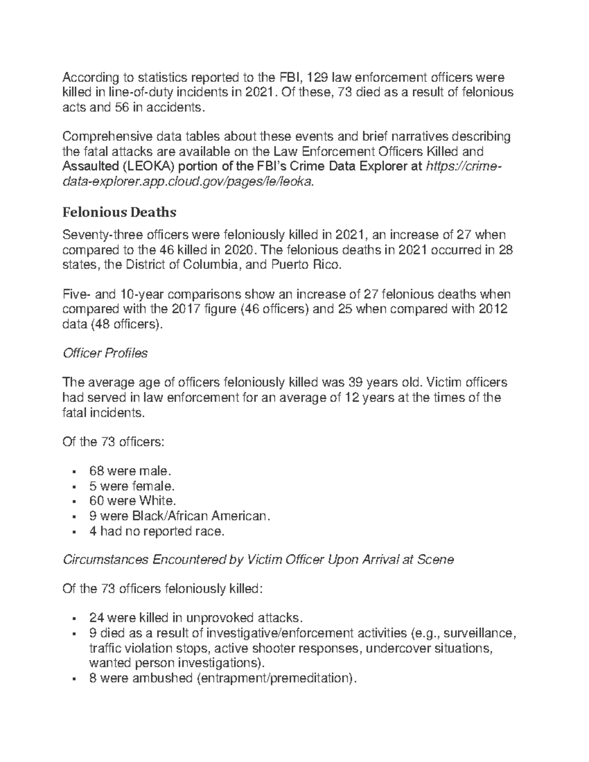 Document 3 - read - According to statistics reported to the FBI, 129 ...