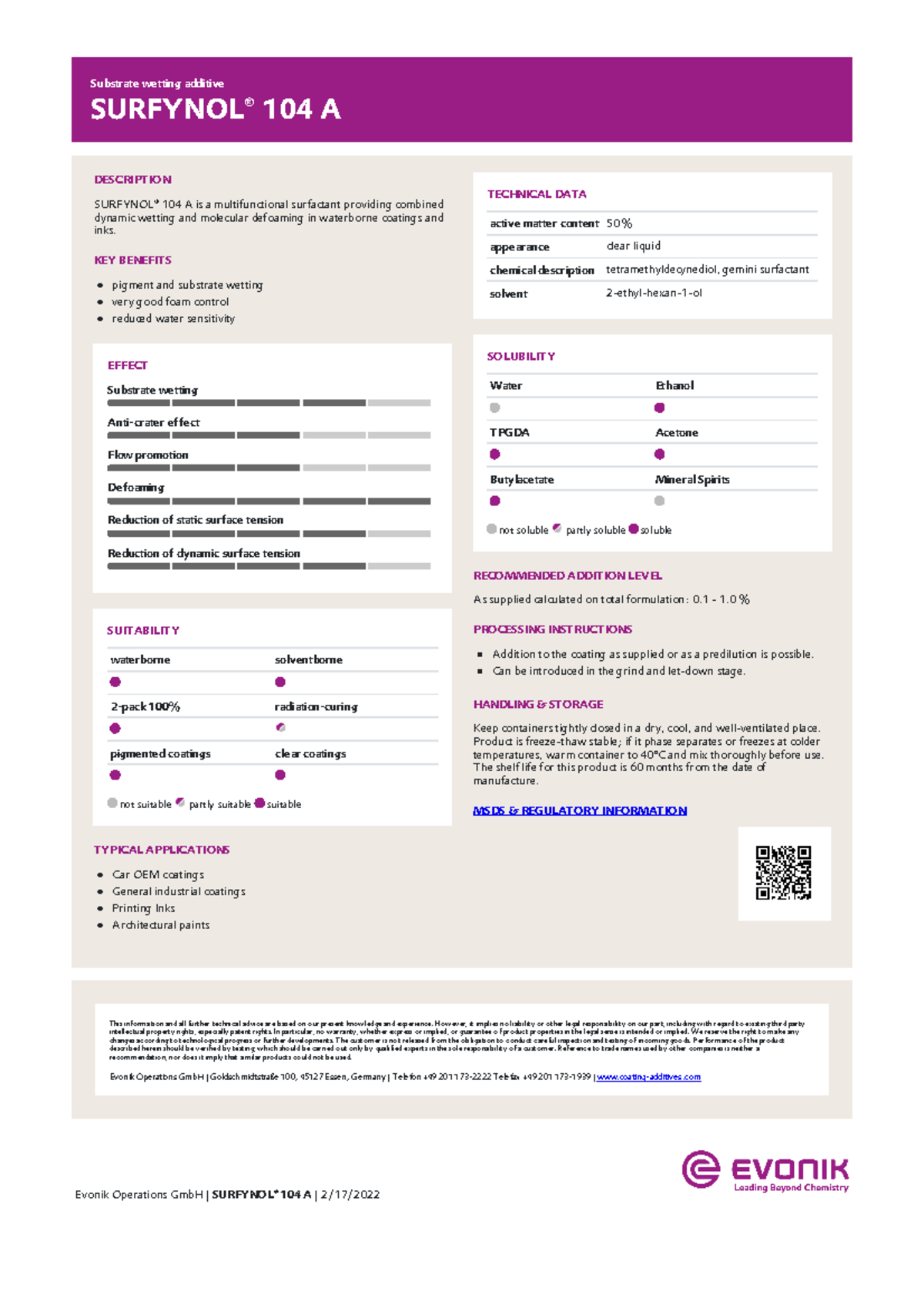 Surfynol 104 A SDS and discuss - Substrate wetting additive SURFYNOL ...