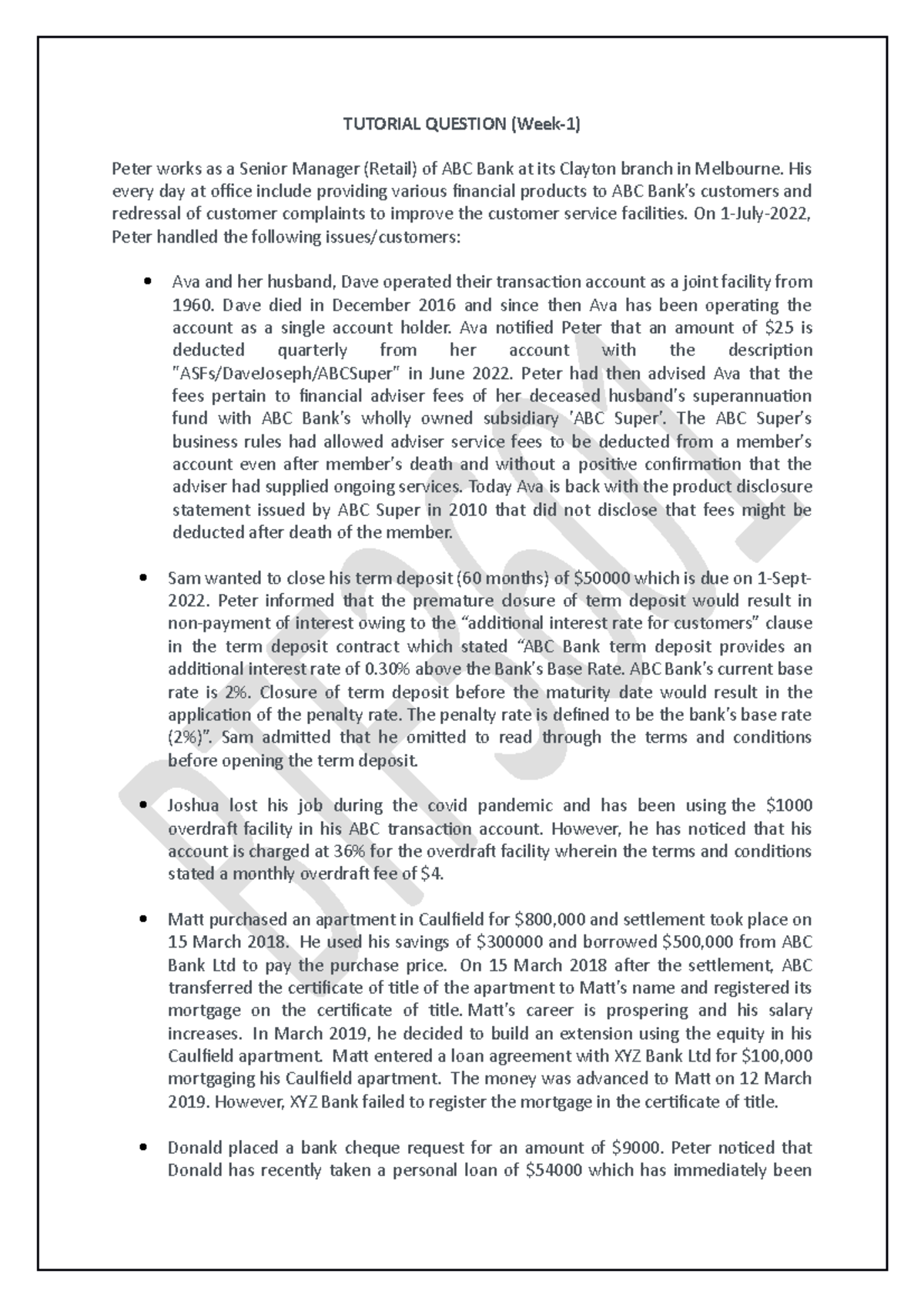 BTF3601-tutorial-Week 1 - TUTORIAL QUESTION (Week-1) Peter works as a Senior Manager (Retail) of ...