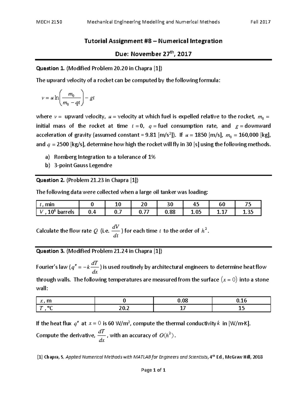 Tutorial Assignment 8 - MECH 2150 Mechanical Engineering Modelling and Numerical Methods - Studocu