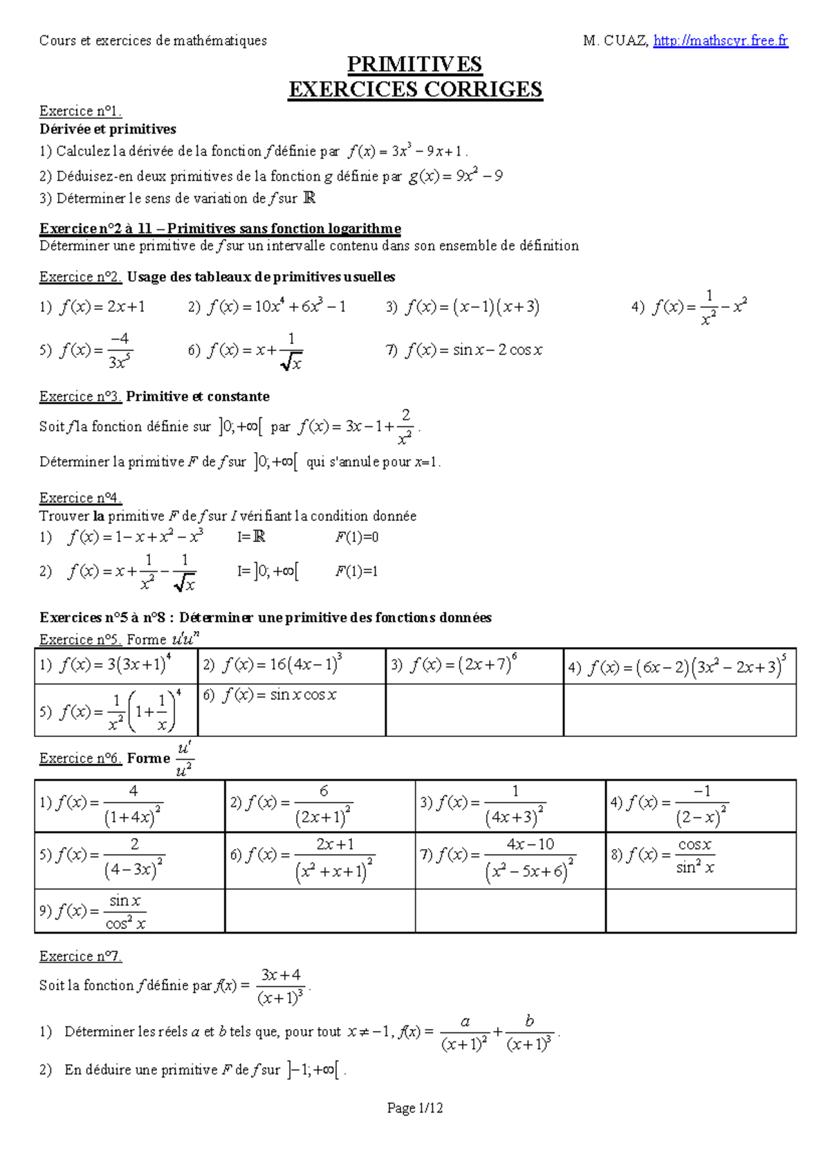 Primitives exos corriges - PRIMITIVES EXERCICES CORRIGES Exercice n°1 ...