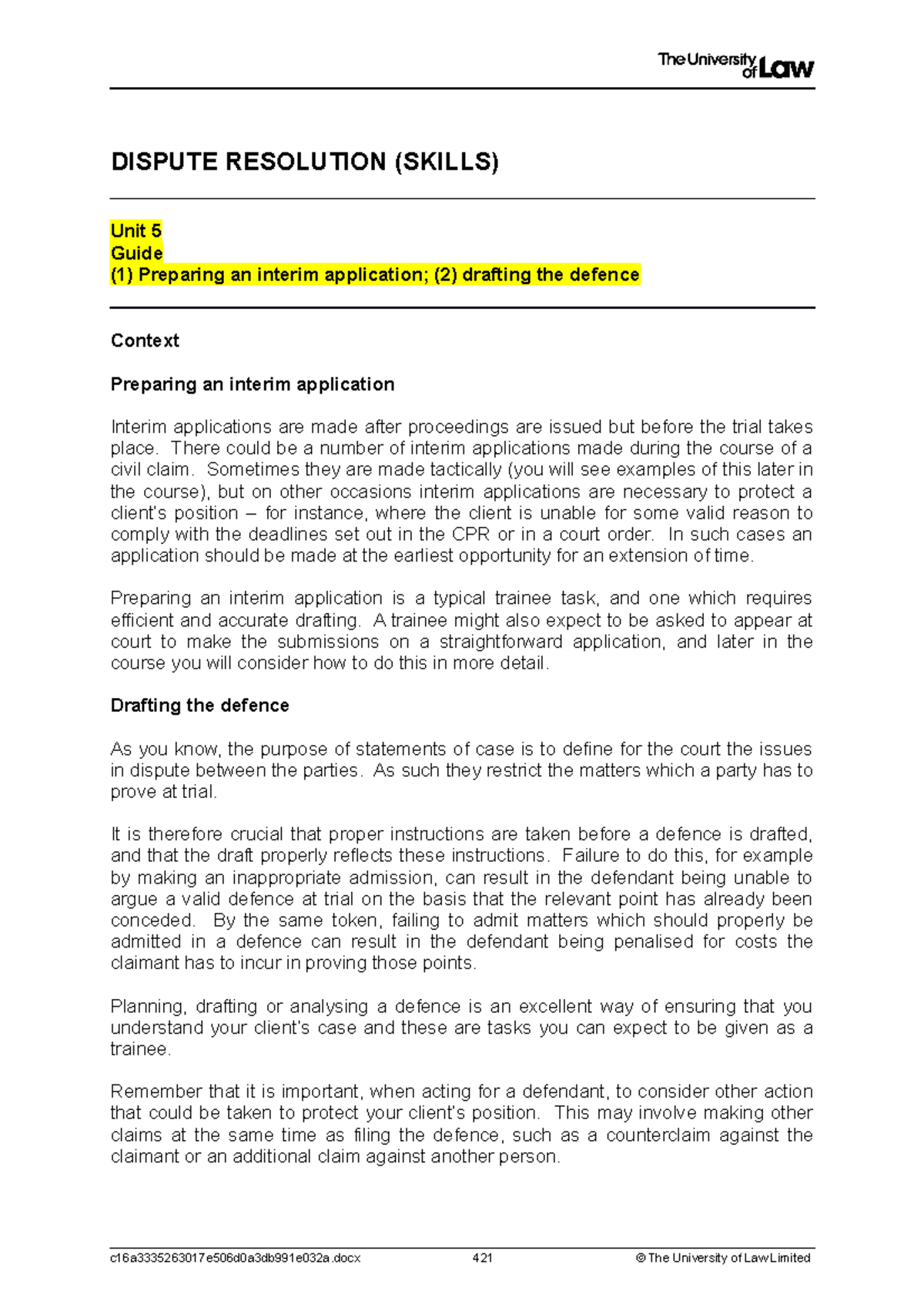 Dispute Resolution WS5 - DISPUTE RESOLUTION (SKILLS) Unit 5 Guide (1 ...