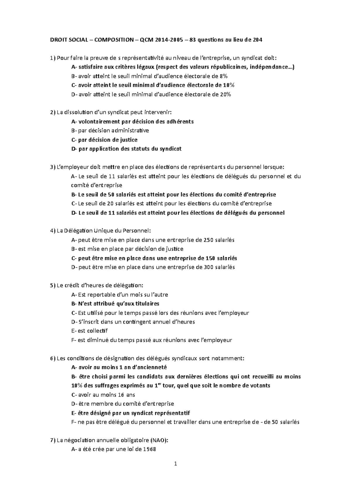 Questions de cours - DROIT SOCIAL – COMPOSITION – QCM 2014-2005 – 83 ...