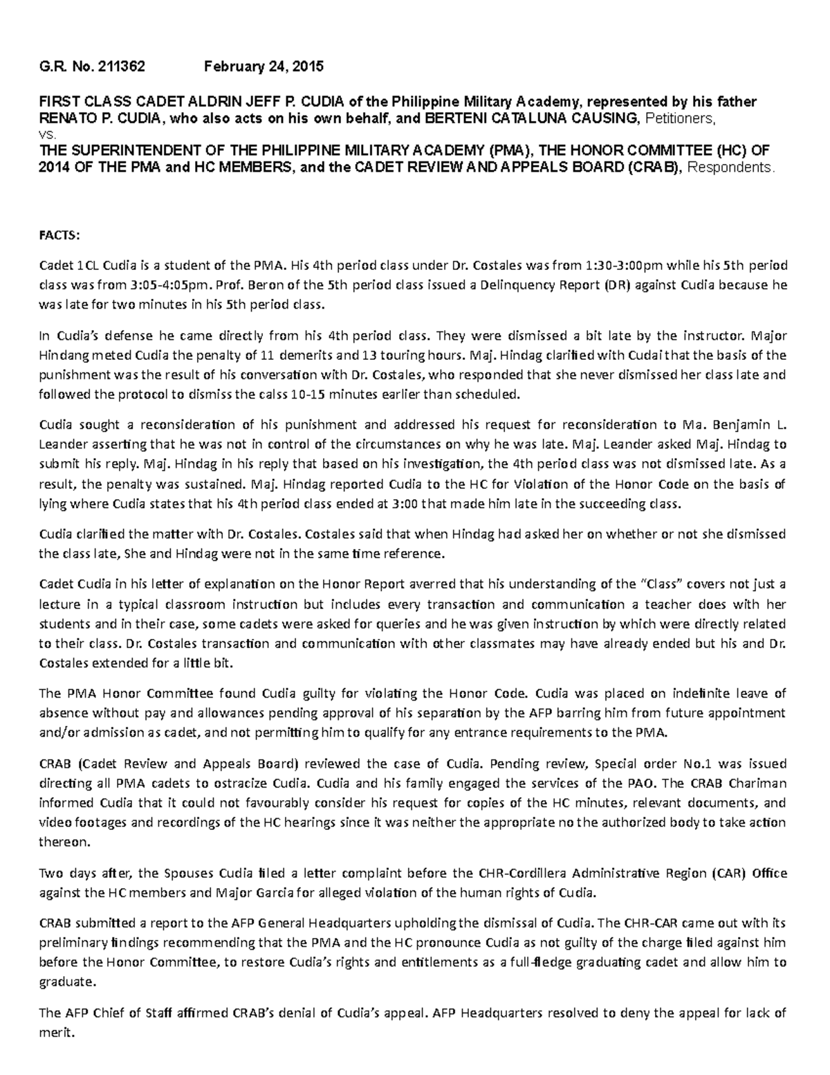 Cudia VS PMA - G. No. 211362 February 24, 2015 FIRST CLASS CADET ALDRIN ...