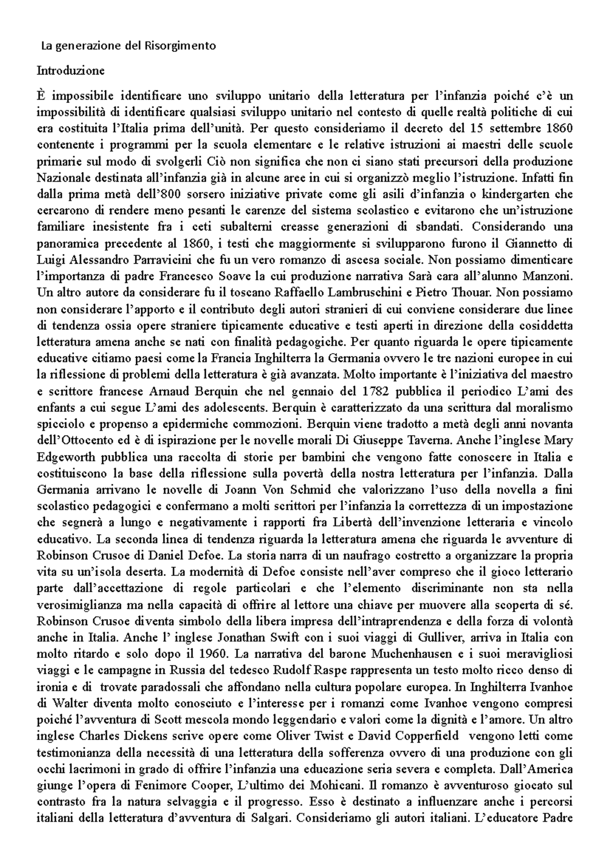 Riassunto carli - La letteratura per l'infanzia - La generazione del Risorgimento Introduzione È ...