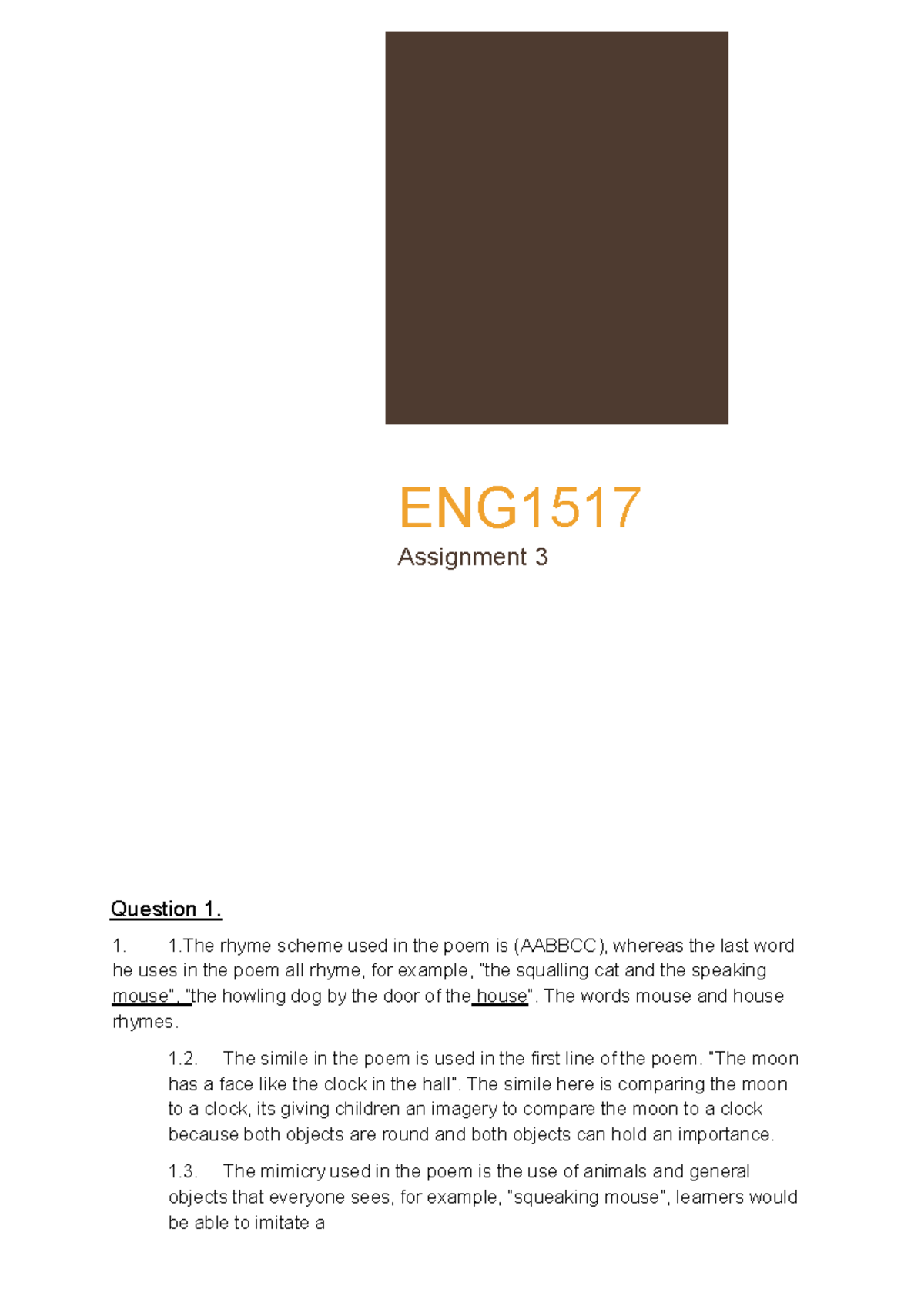 Eng1517 Assignment 3 2024 - Question 1. 1 rhyme scheme used in the poem ...