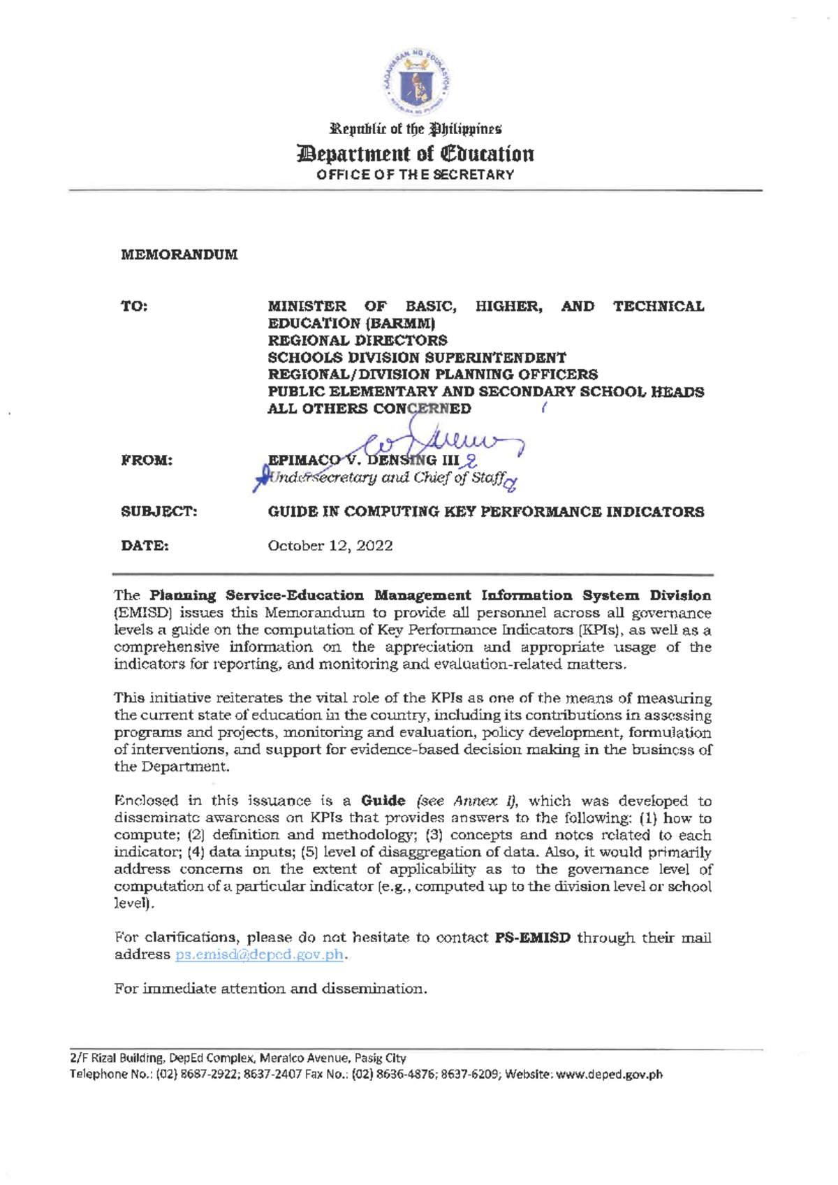 MEMO Guide in Computing Key Performance Indicators - NG G Republic of ...