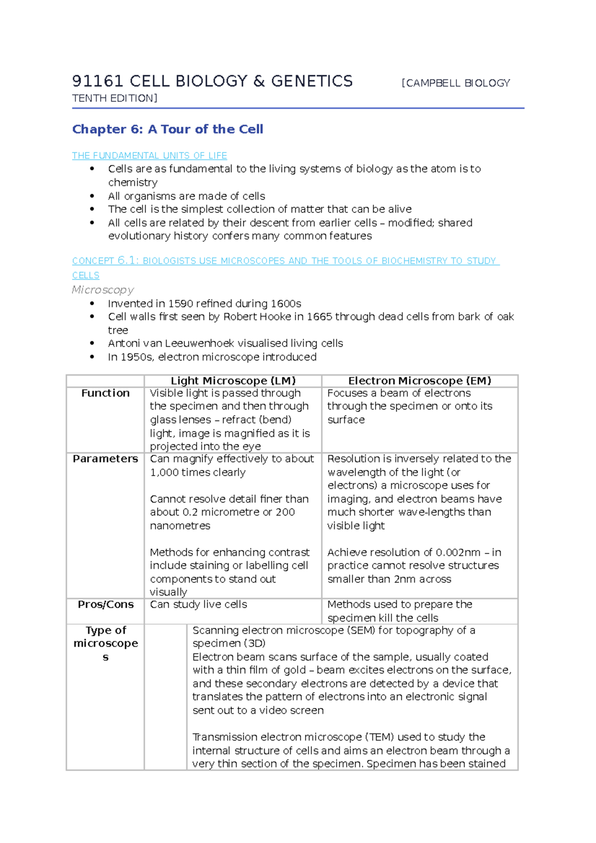 CBG Notes - A Tour of the Cell - 91161 CELL BIOLOGY & GENETICS ...
