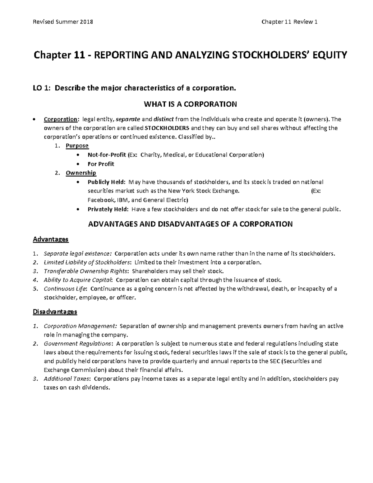 Chapter 11 Review - Chapter 11 - REPORTING AND ANALYZING STOCKHOLDERS’ EQUITY LO 1: Describe the ...
